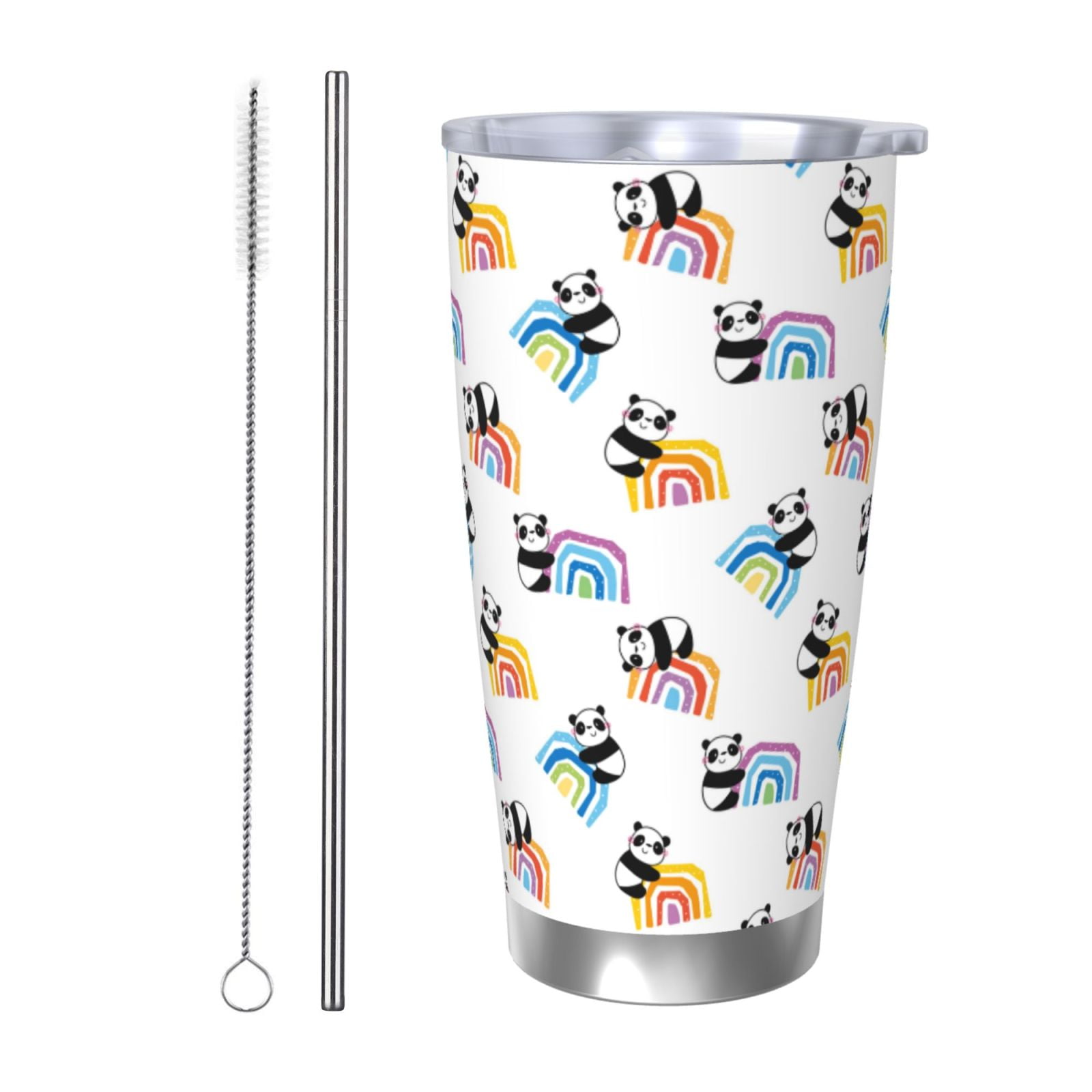 Balery Panda And Rainbow Pattern 20oz Insulated Car Cup with Dual Drink ...
