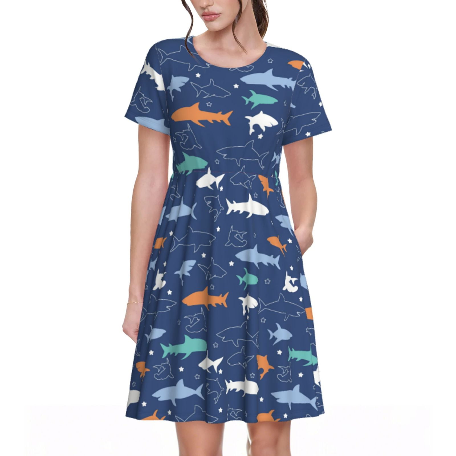 Balery Party Shark Cute Pattern Womens Dresses Loose Short sleeve ...