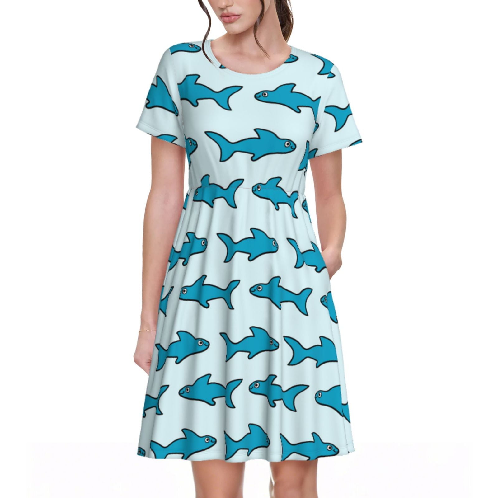 Balery Party Shark Cute Pattern Womens Dresses Loose Short sleeve ...