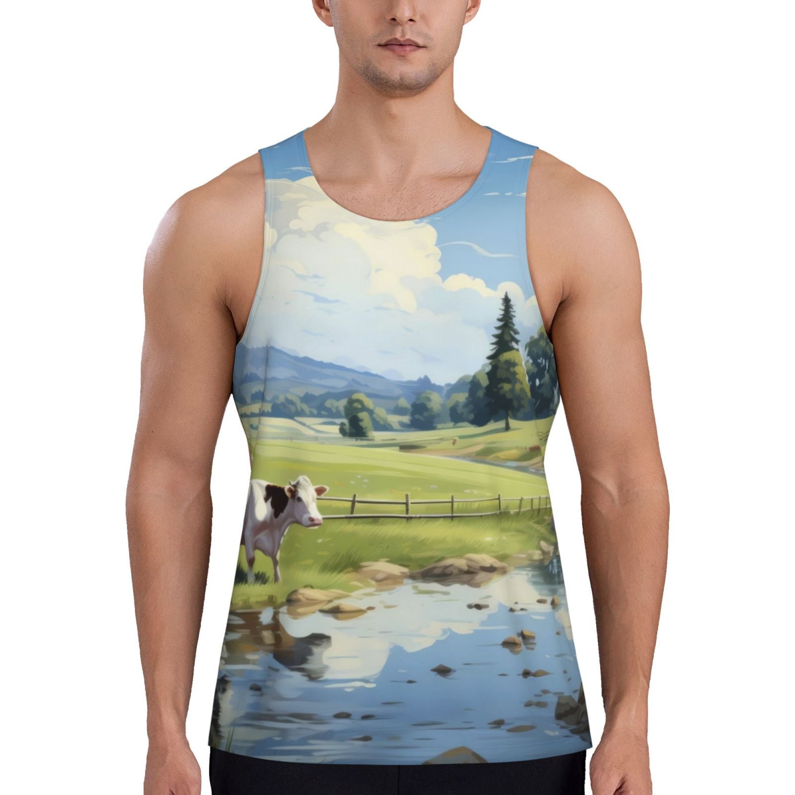 Balery Pasture Cow Pattern Men's Workout Tank Top Gym Muscle Tee ...