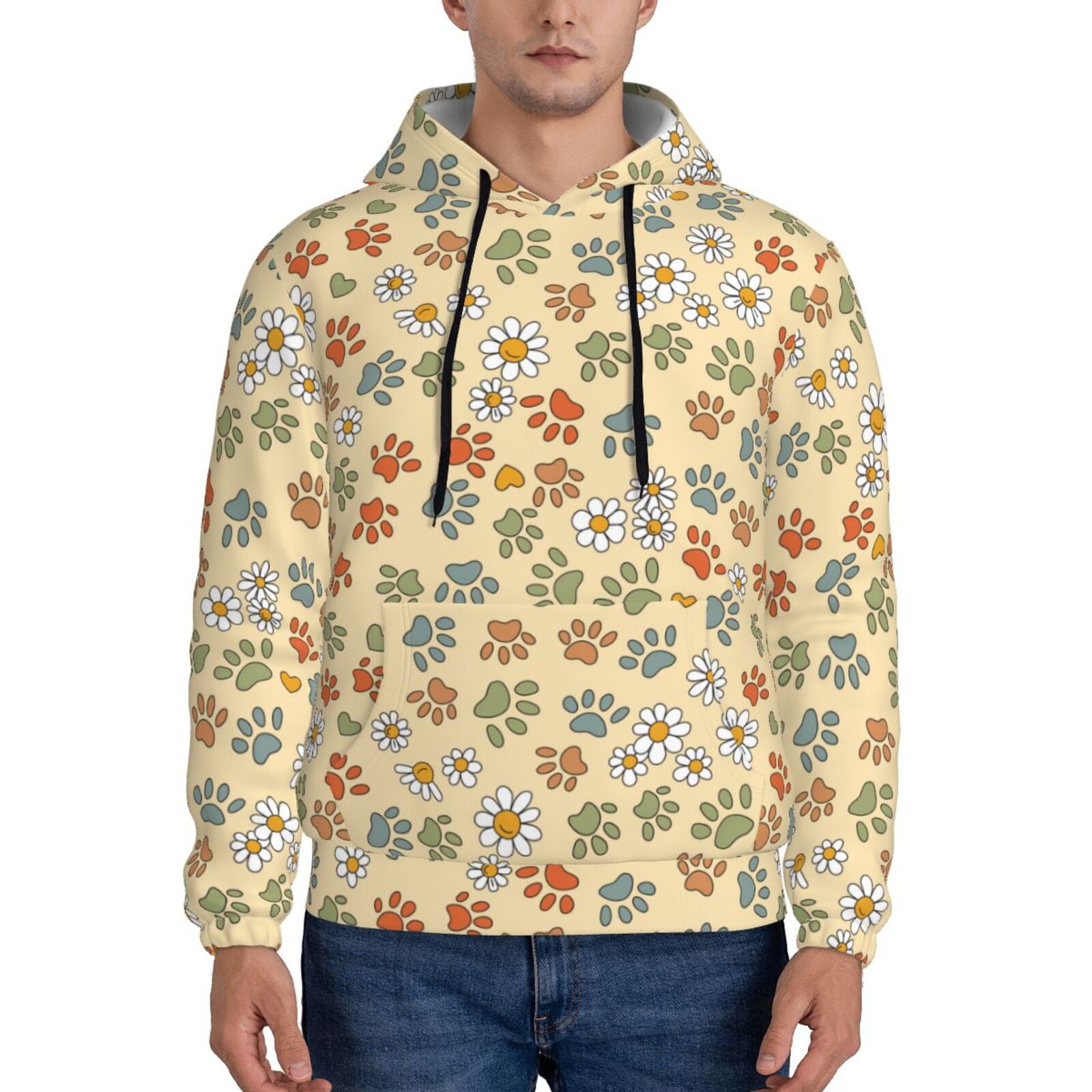 Balery Paw In Groovy Style Pattern Mens Hoodie Kangaroo Pocket Hoodie ...