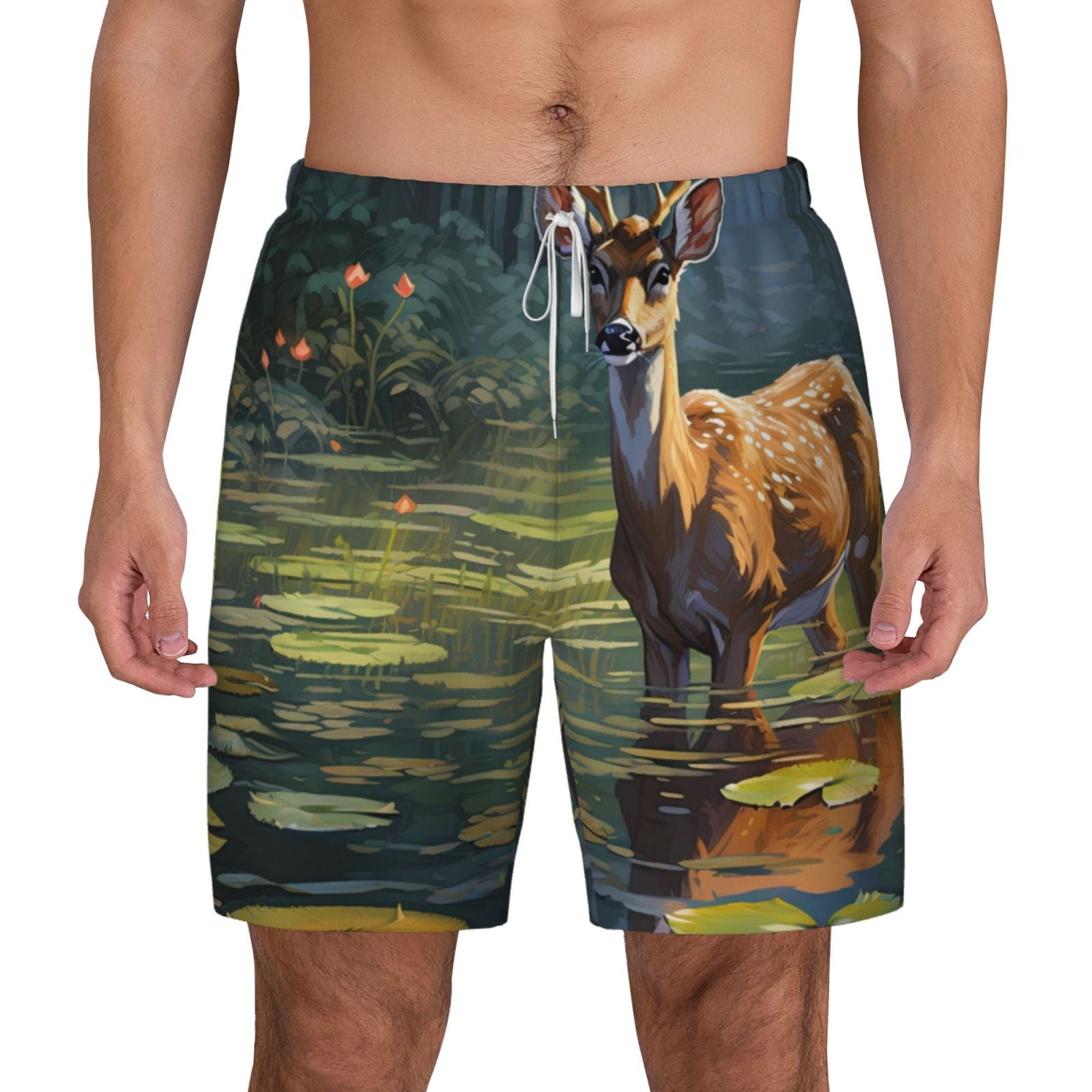 Balery Peaceful Deer Lily Pond Mens Swim Trunks Swim Shorts for Men ...
