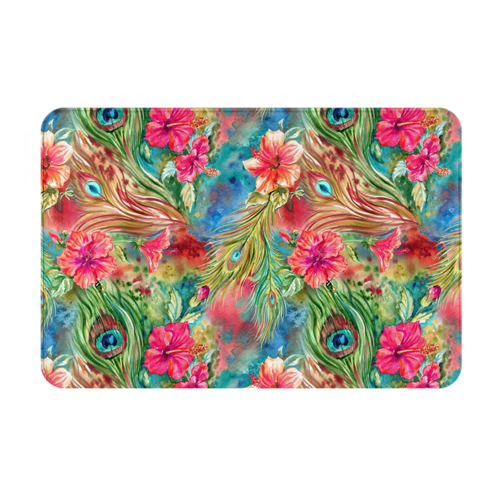 Balery Peacock Feathers And Flowers Doormat, Durable Flannel Fabric ...