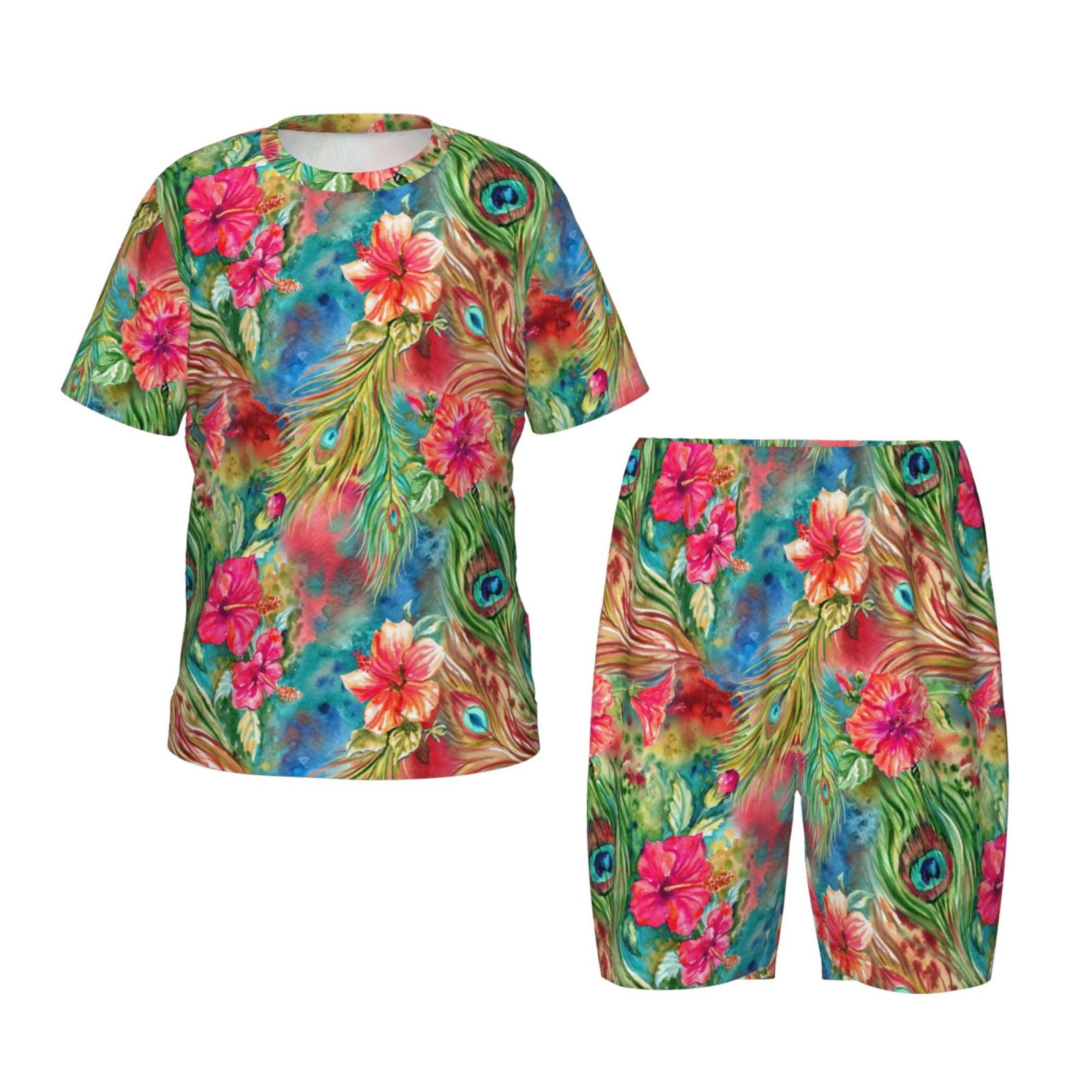 Balery Peacock Feathers And Flowers Pattern Kids’ Short-Sleeved Pajama Set – Soft Cotton ...