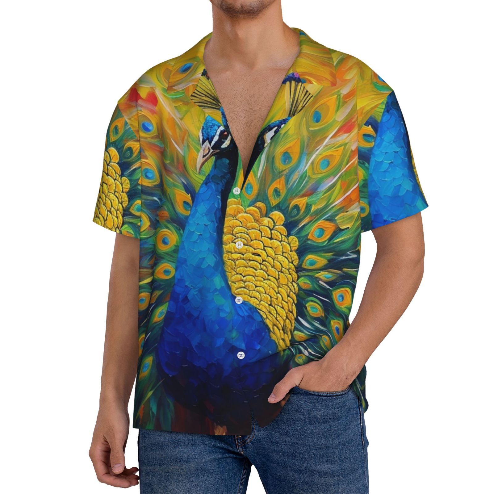 Balery Peacocks Men's Casual Button Down Shirt Short Sleeve Textured Summer Cuban Beach Shirts ...