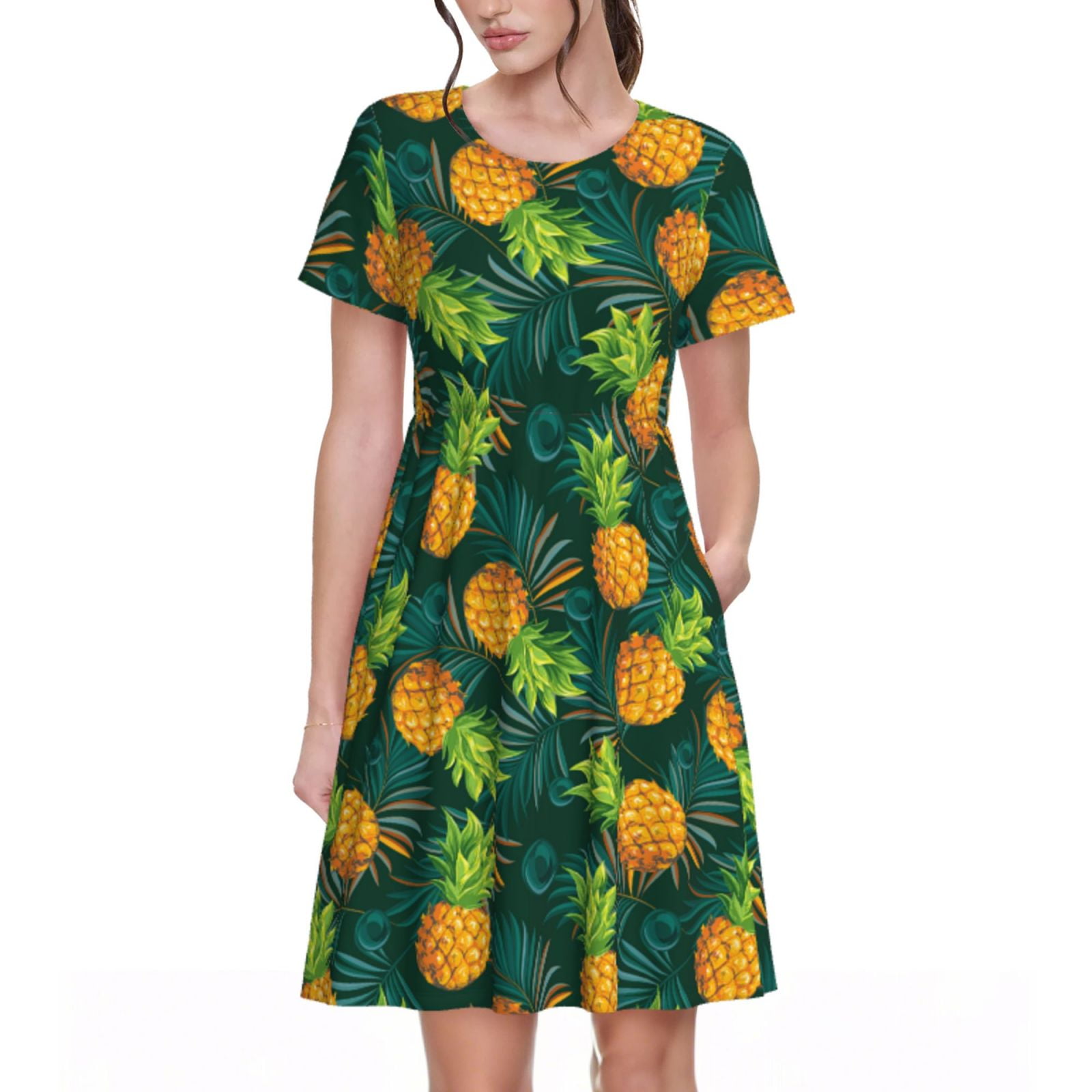Balery Pineapples with Palm Leaves Pattern Womens Dresses Loose Short ...