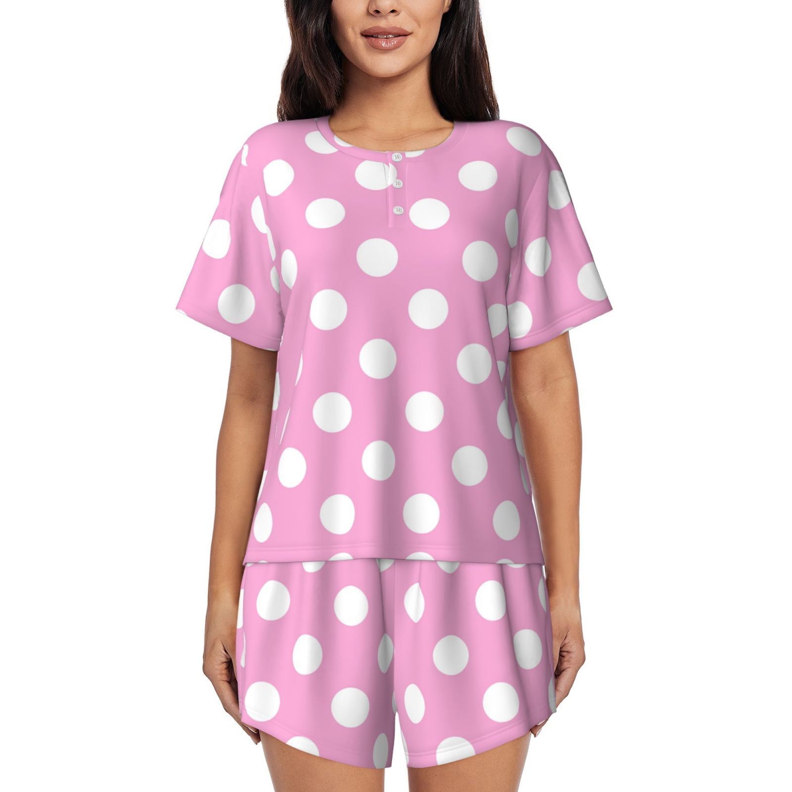 Balery Pink And White Polka Dot Pattern Womens Pajama Sets 2 Piece Soft ...