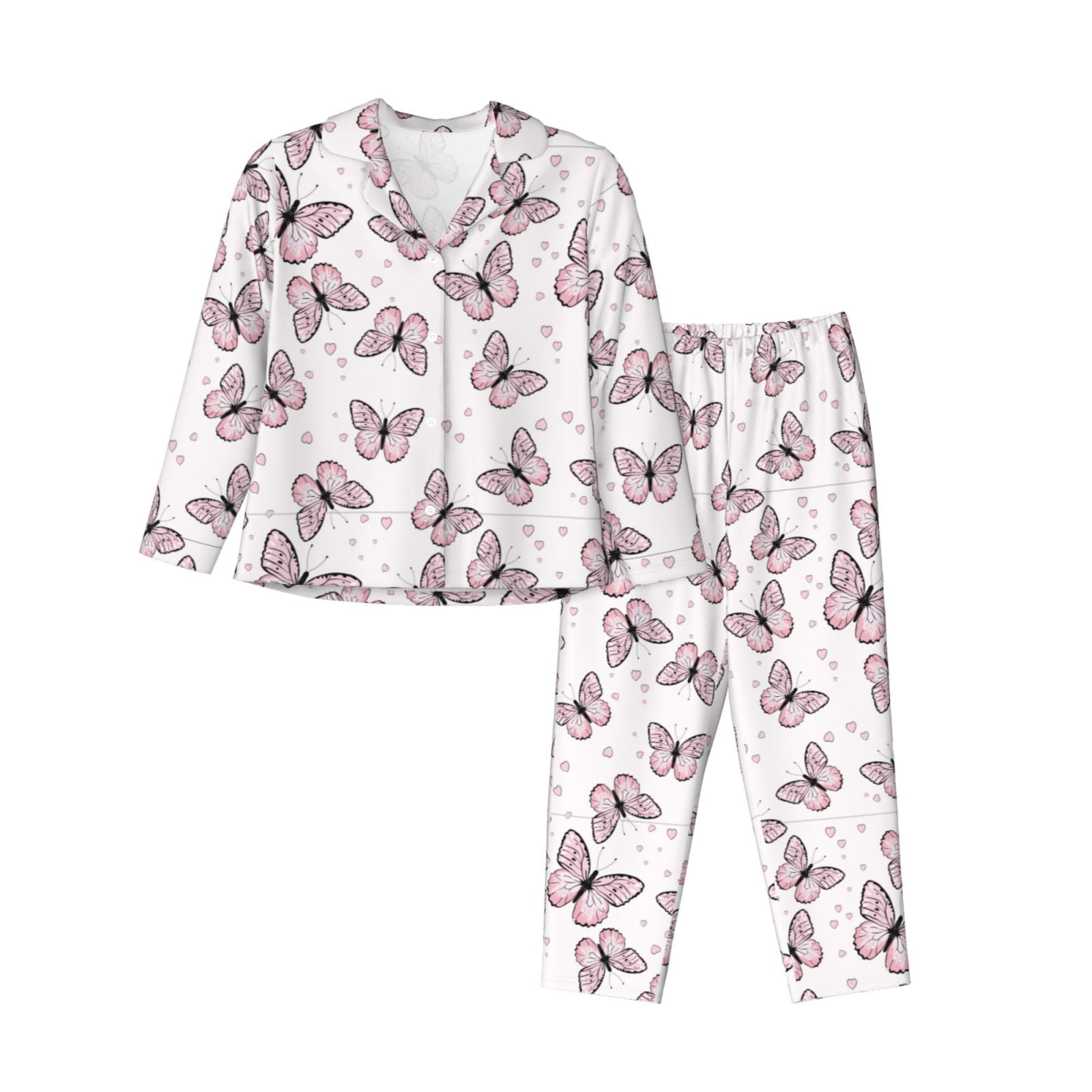 Balery Pink Butterflies (2) Pattern Pajama Sets for Women Long Sleeve 2 ...