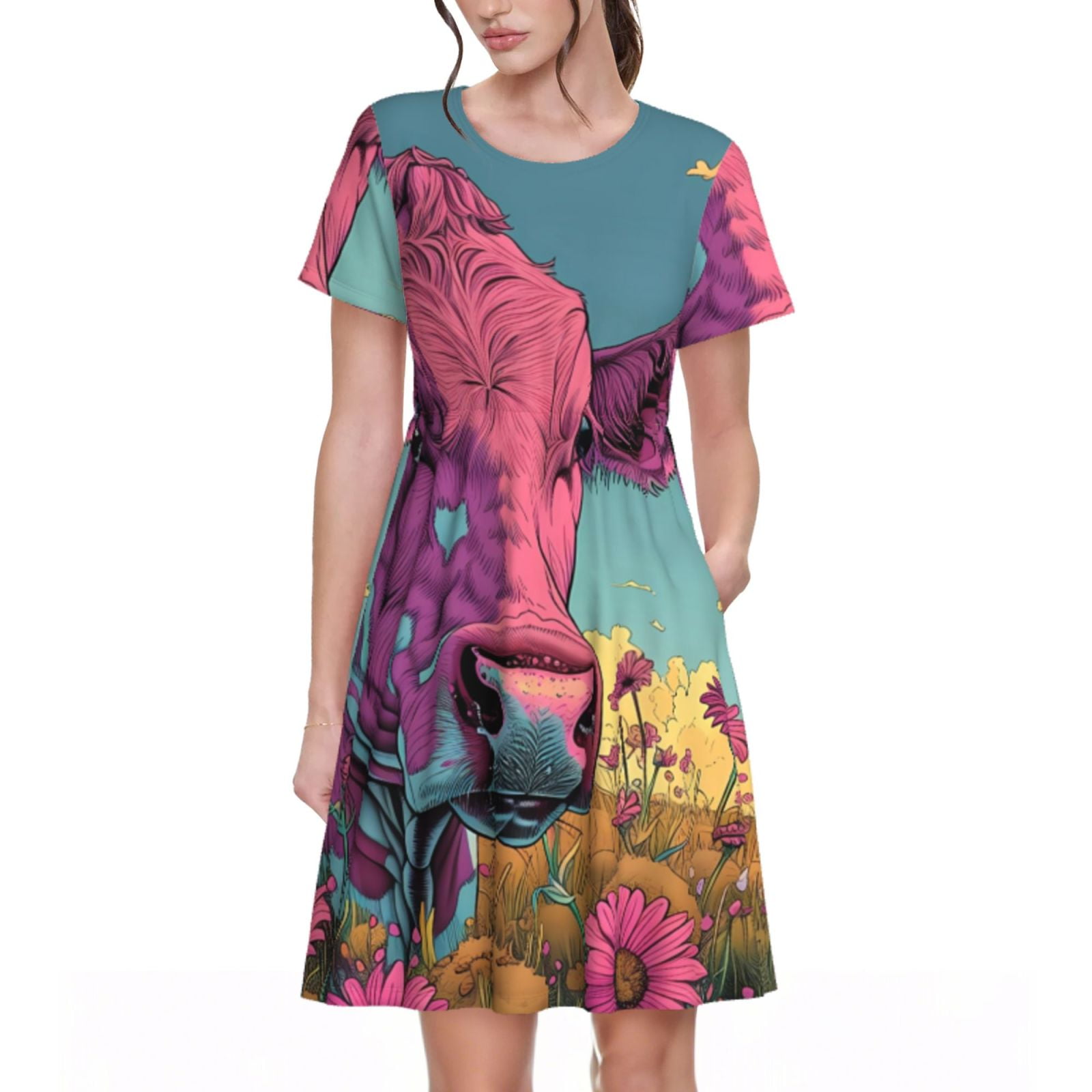 Balery Pink Cow In Sunflower Field Pattern Womens Dresses Loose Short ...