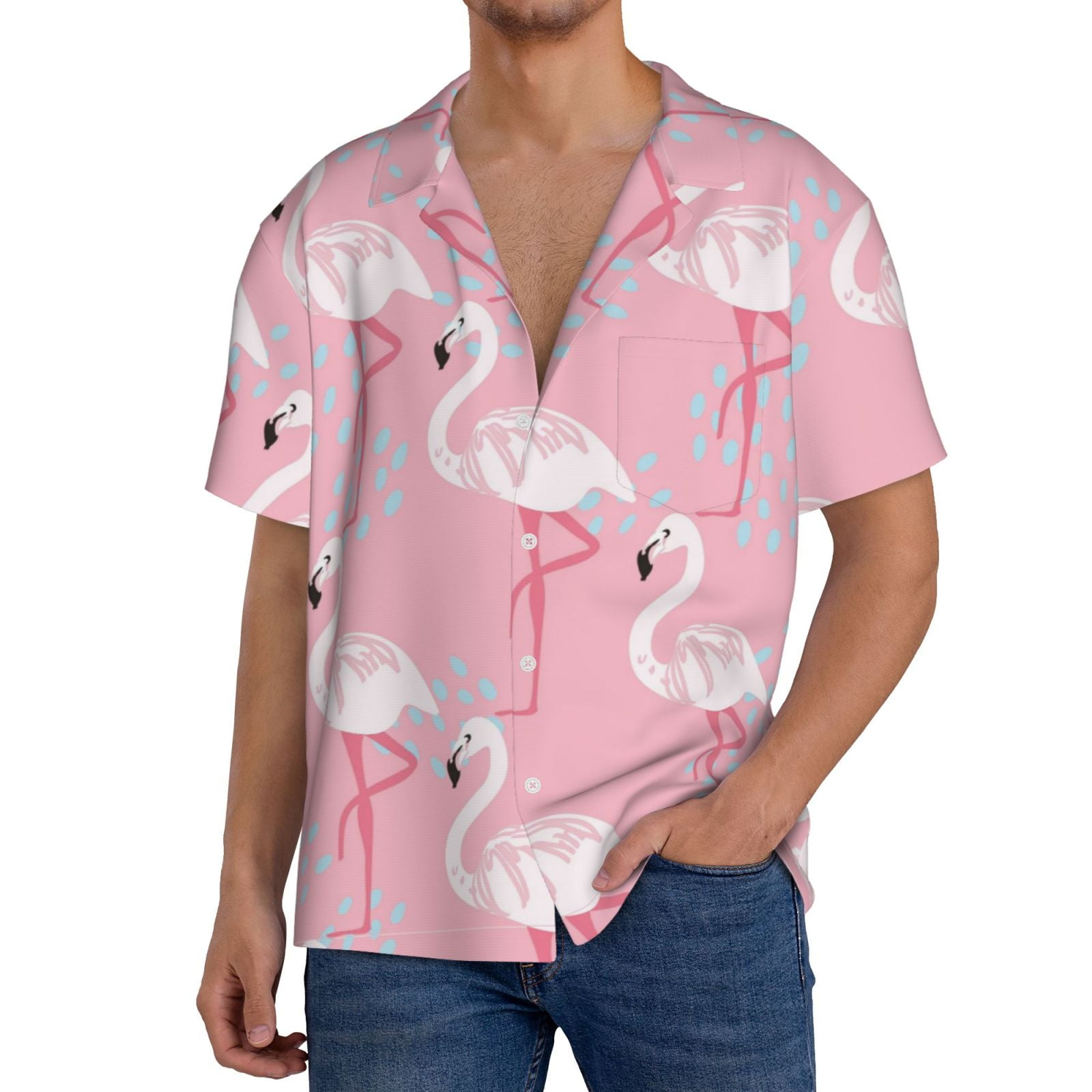 Balery Pink Flamingo Men's Casual Button Down Shirt Short Sleeve ...