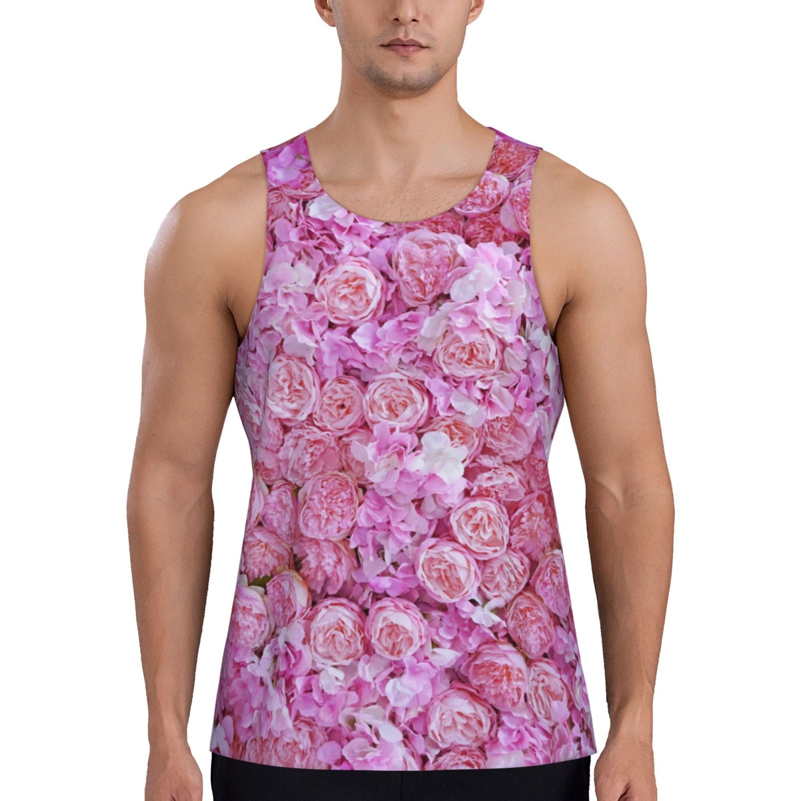 Balery Pink Roses Pattern Men's Workout Tank Top Gym Muscle Tee Fitness ...