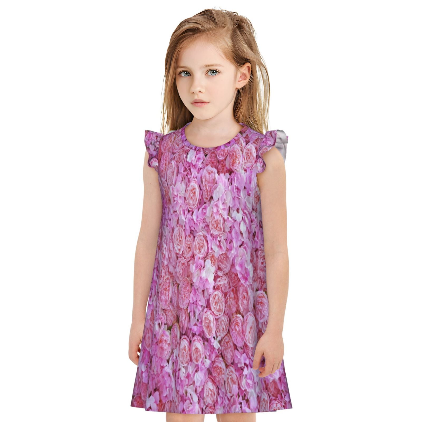 Balery Pink Roses Pattern Princess Nightgown for Girls Flutter Sleeve ...