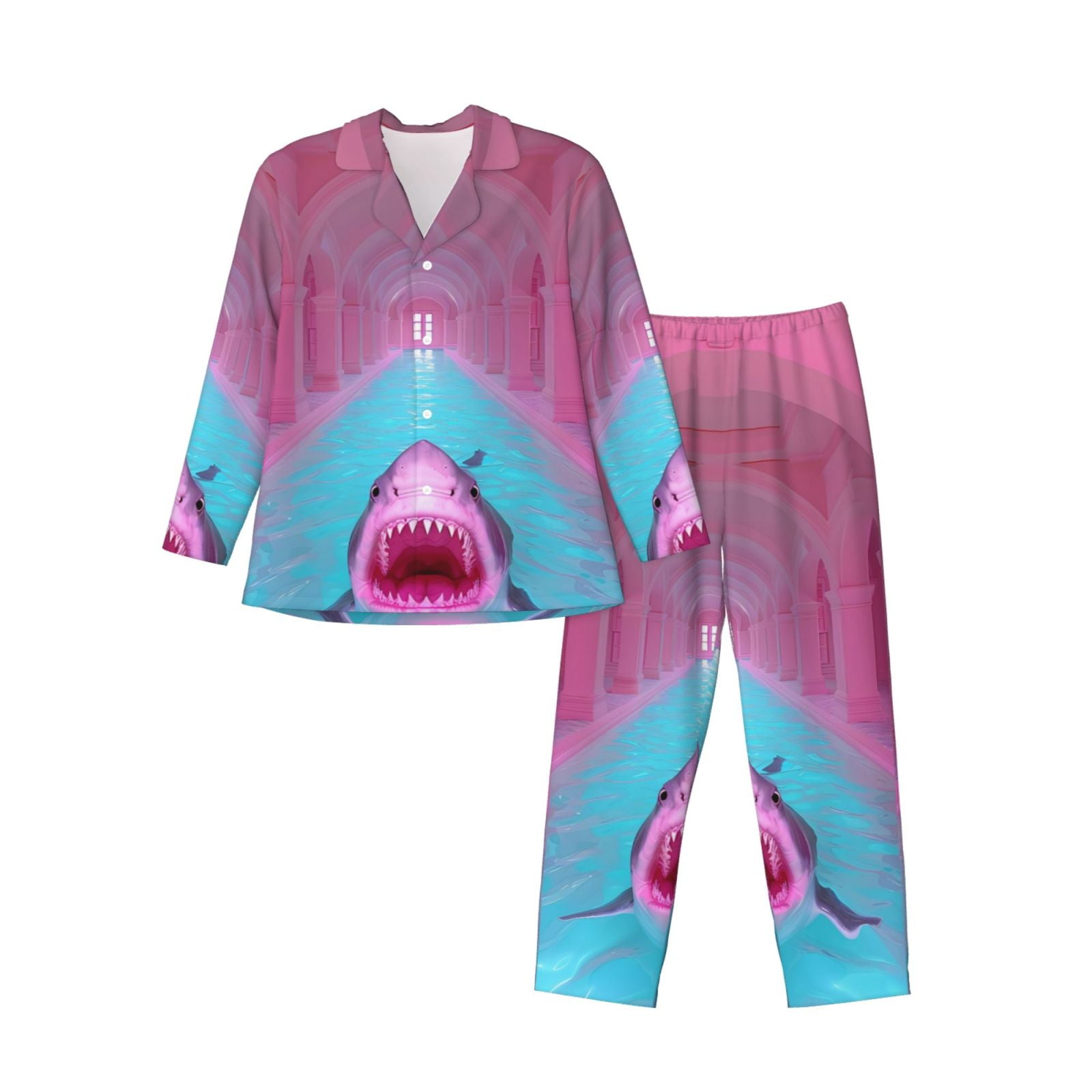 Balery Pink Shark Pool Fantasy Pattern Pajama Sets for Men Long Sleeve ...