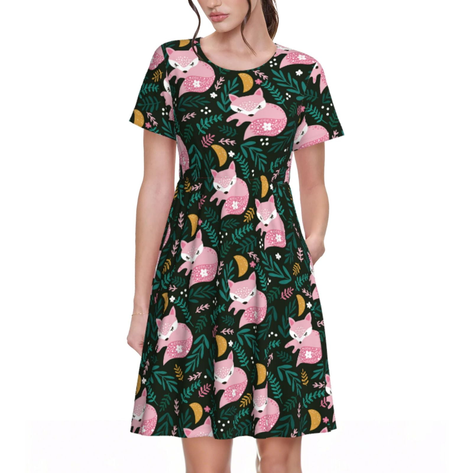 Balery Pink Sleeping Fox Pattern Womens Dresses Loose Short sleeve ...