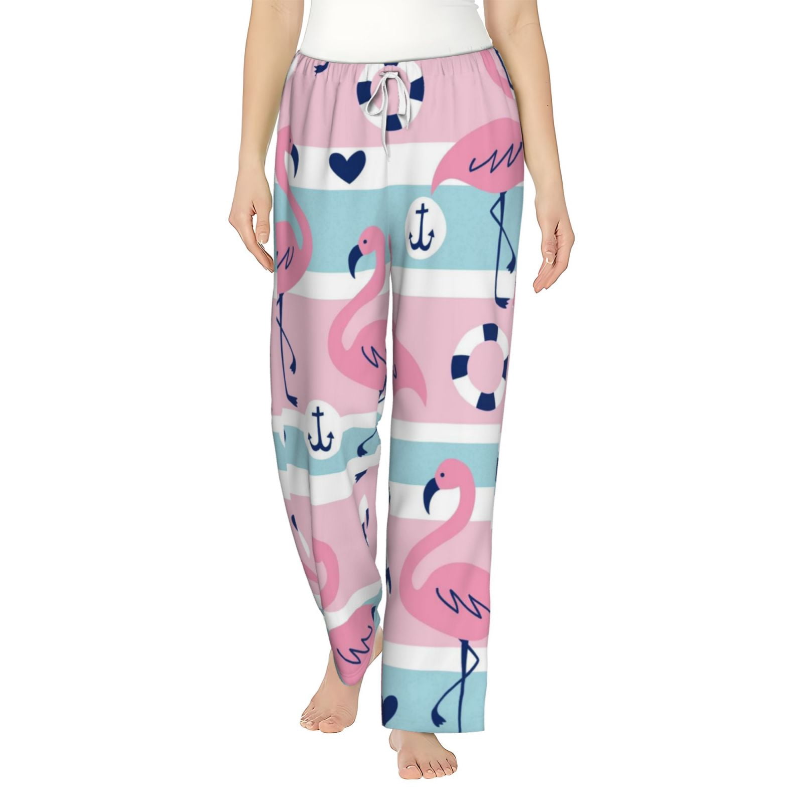 Balery Pink Striped Flamingo print Women's Pajama Pants,Ultra Lightweight Pjs,Lounge Pant-Large ...