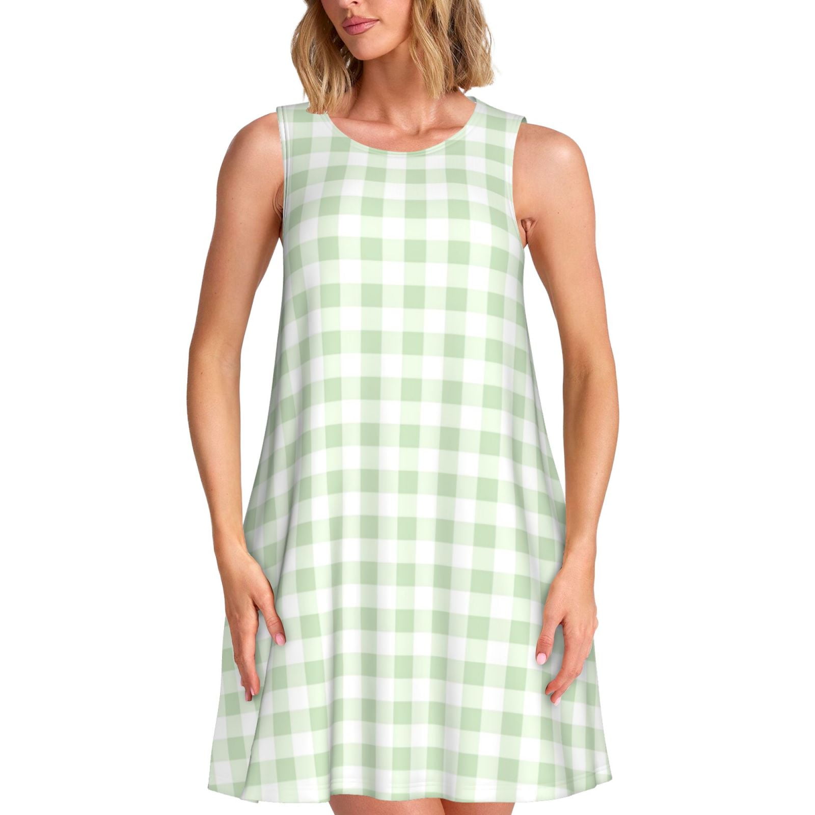 Balery Pistachio Green Checkboard Pattern Women’s Summer Dresses ...