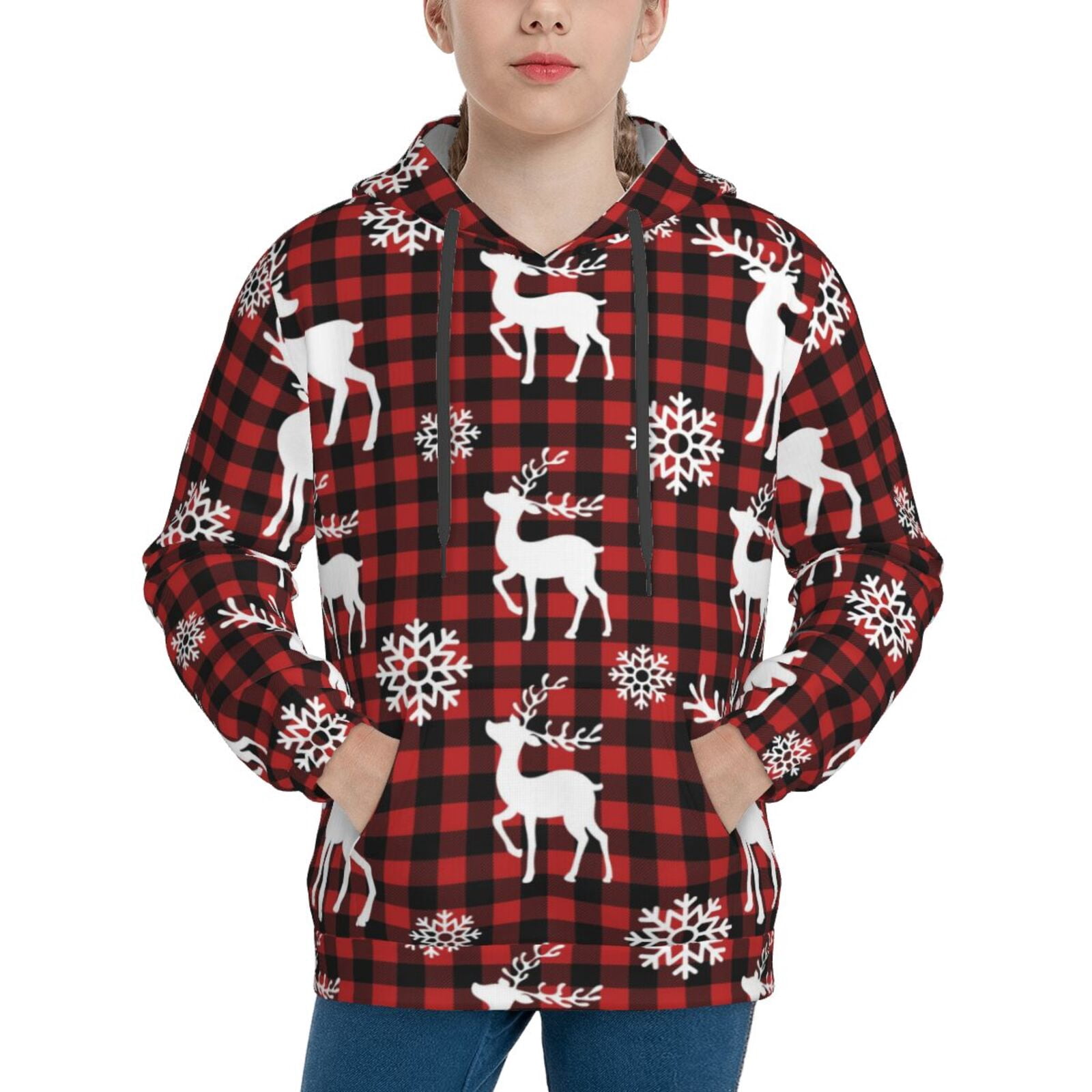 Balery Plaid Reindeer Snowflakes Pattern Boys Hoodie, Youth Pullover ...