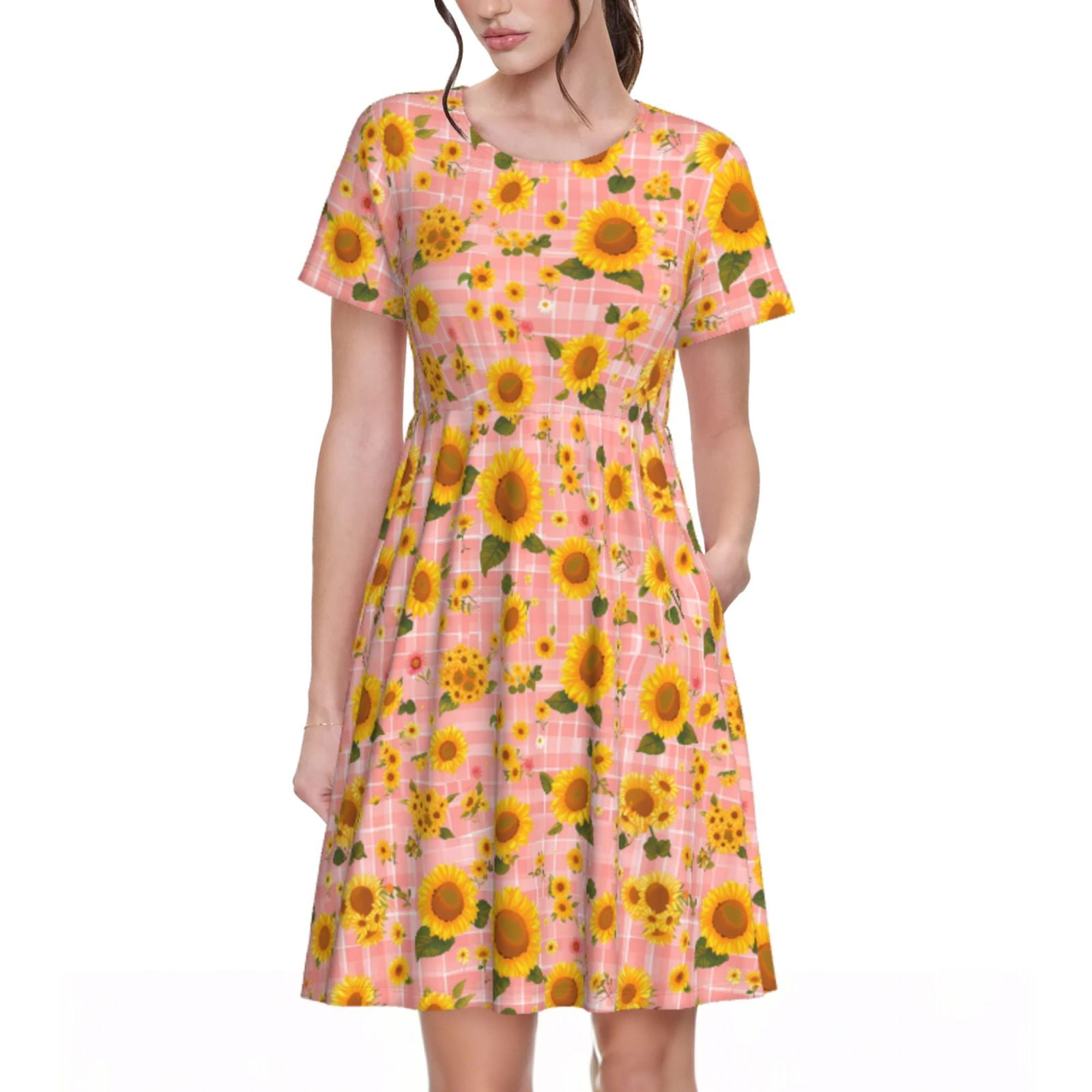 Balery Plaid Sunflower Pattern Womens Dresses Loose Short sleeve ...