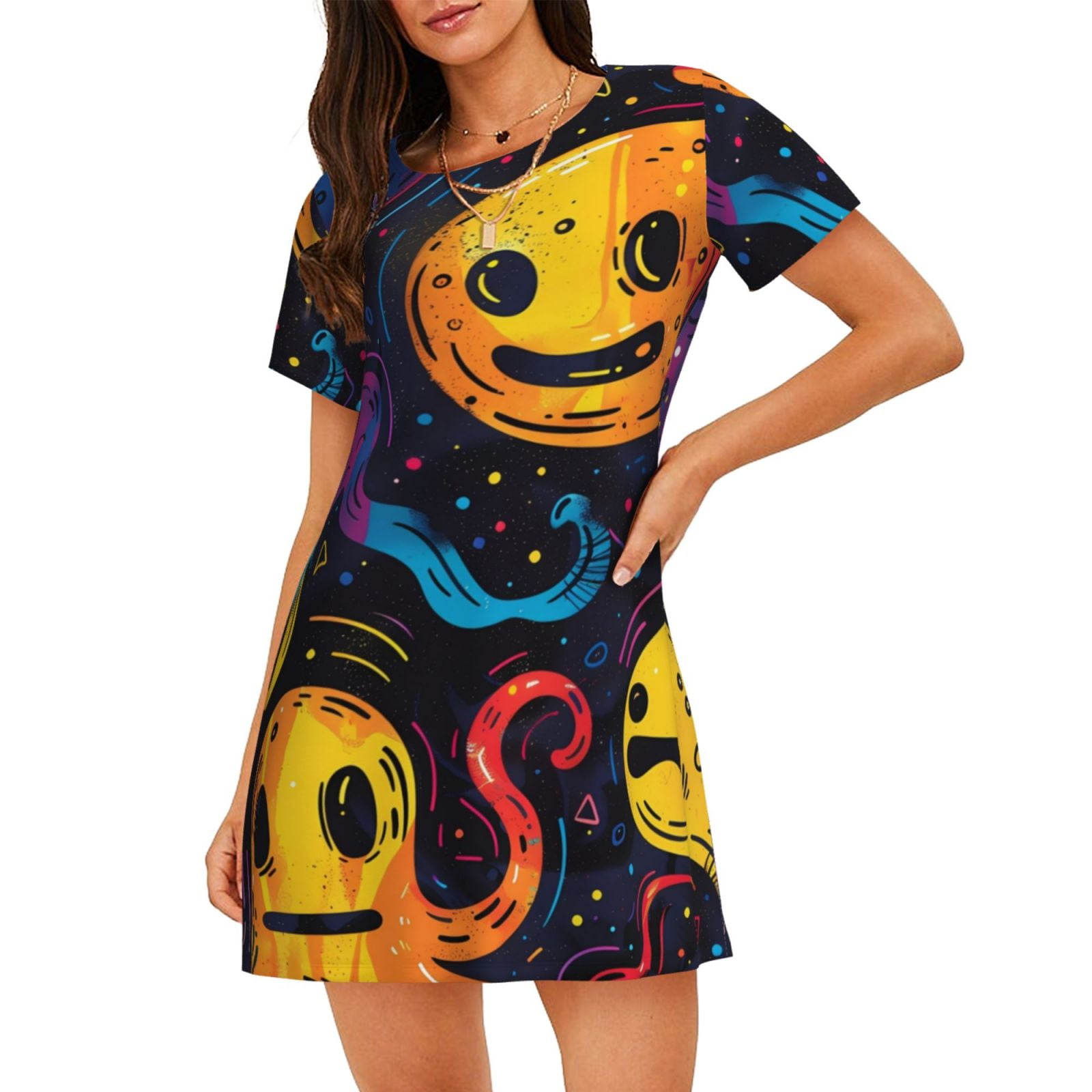 Balery Playful Ghosts Night Sky Pattern Womens Short Sleeve Sleepshirt Scoopneck Cute Nightdress ...