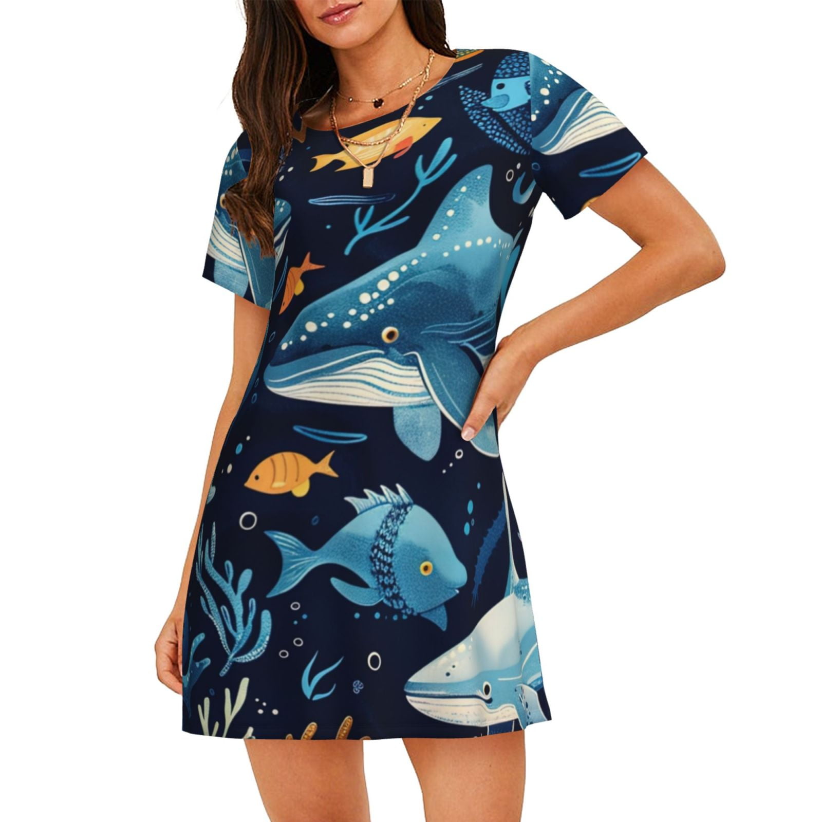 Balery Playful Whales Underwater Scene Pattern Womens Short Sleeve ...