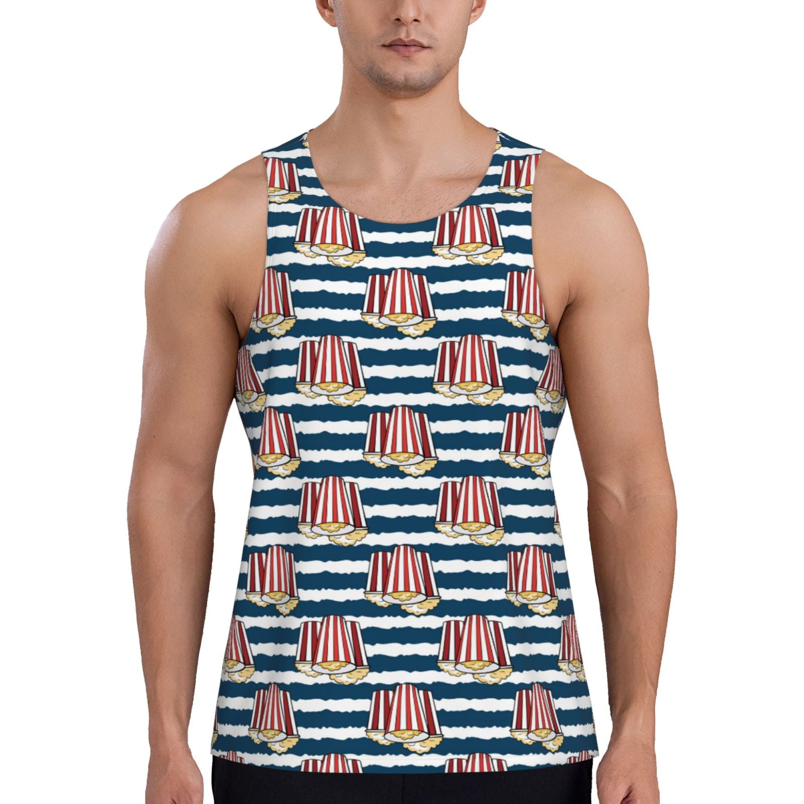 Balery Popcorn On Blue Lines Pattern Men's Workout Tank Top Gym Muscle ...
