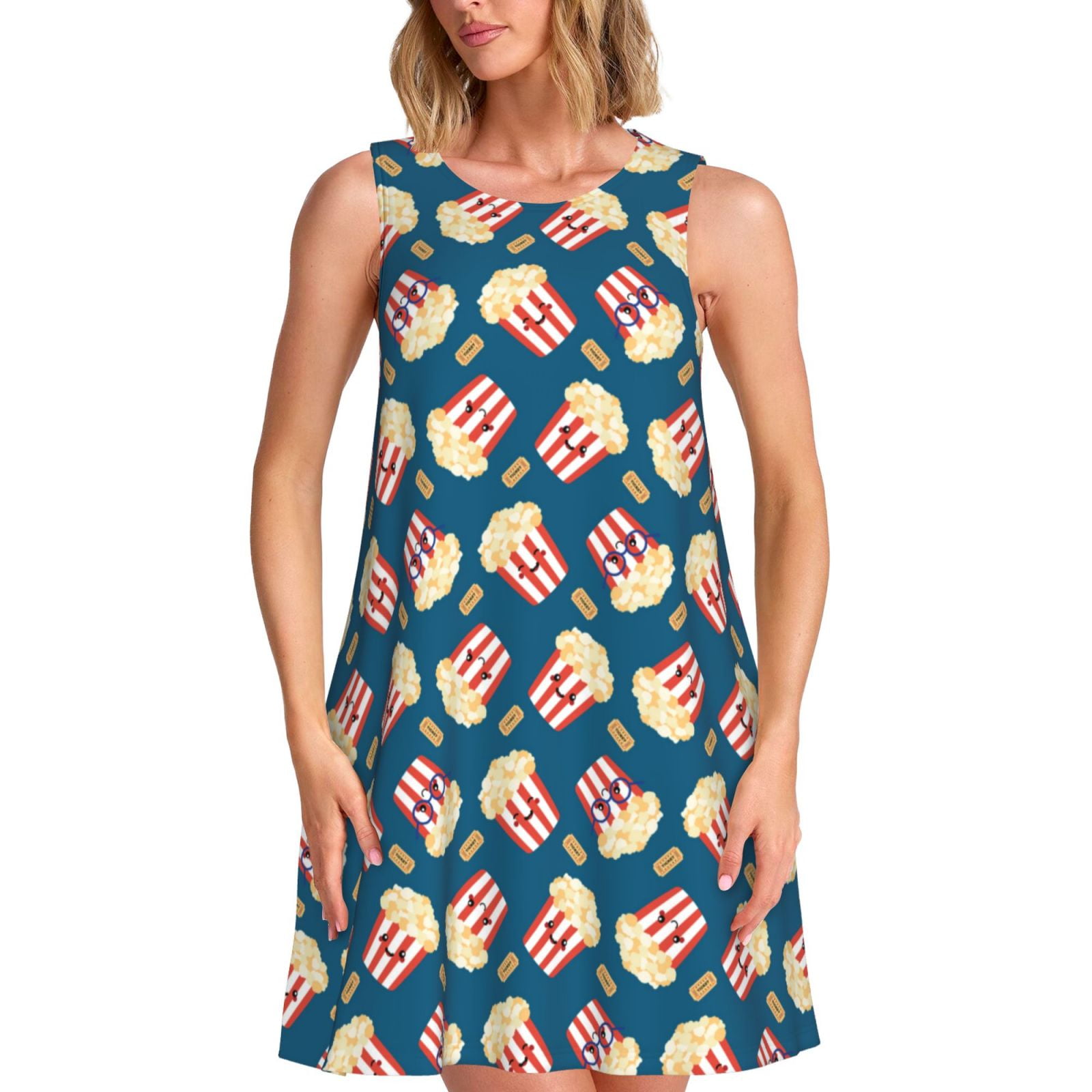 Balery Popcorn With Glasses Pattern Women’s Summer Dresses – Loose ...