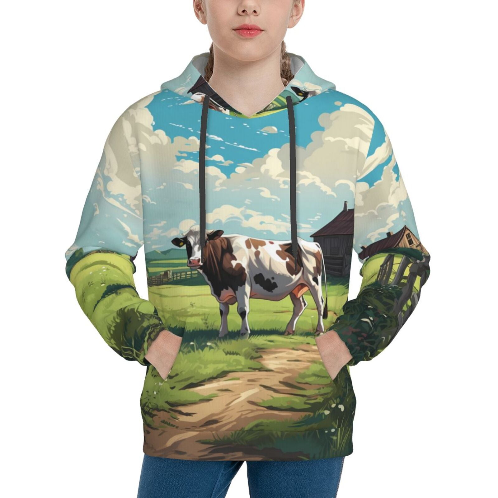 Balery Prairie Pasture Cow Pattern Boys Hoodie, Youth Pullover Hooded Sweatshirt, Kangaroo ...