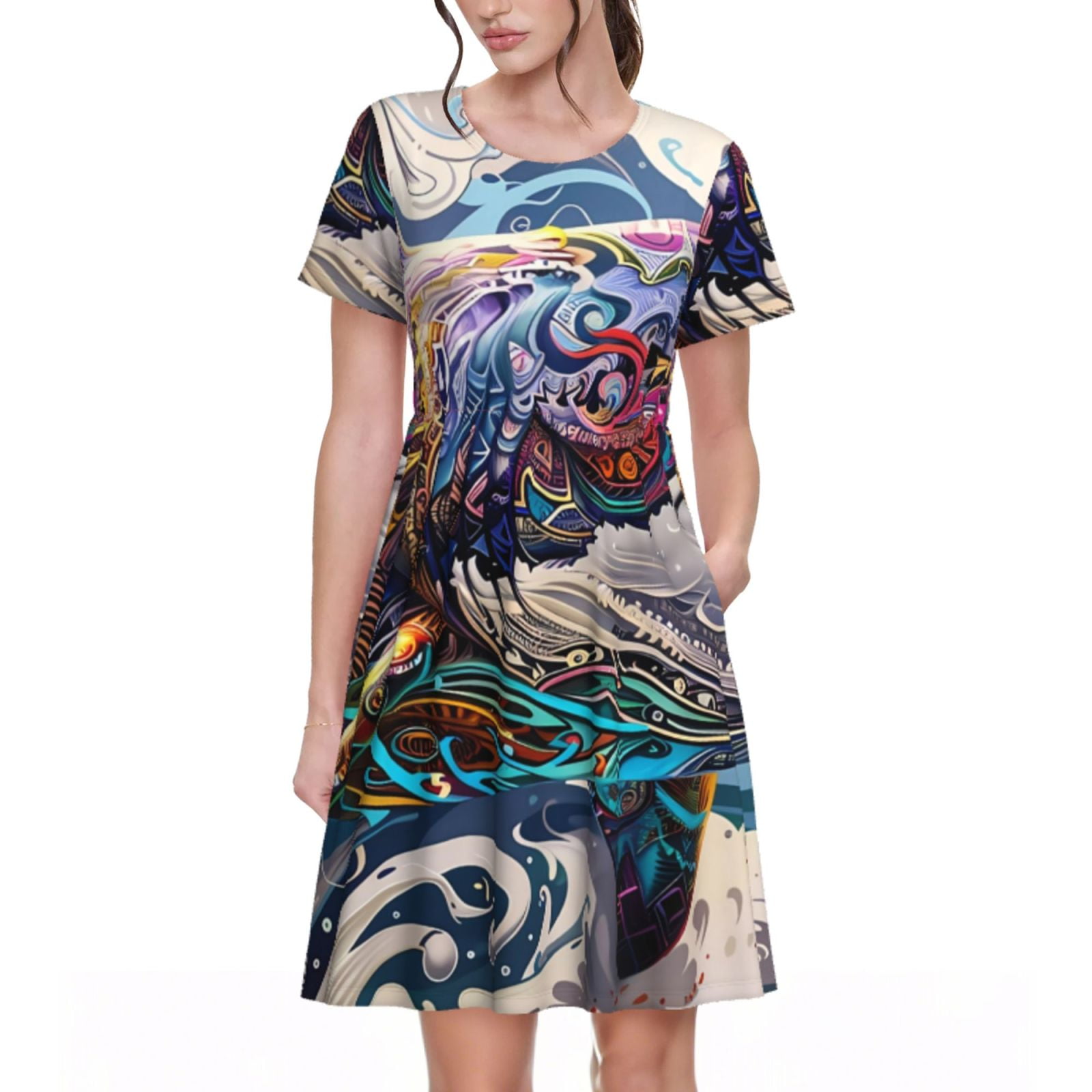 Balery Psychedelic Shark Artwork Pattern Womens Dresses Loose Short ...