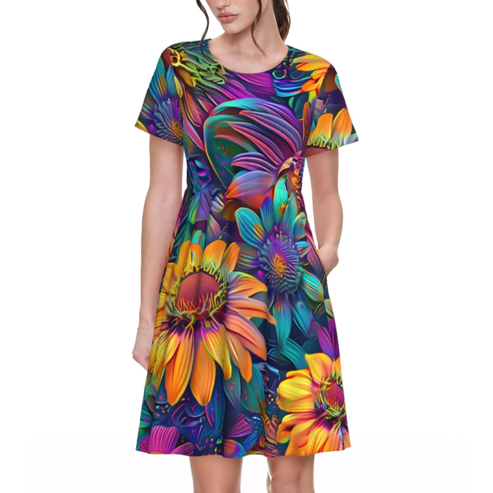 Balery Psychedelic Sunflowers Pattern Womens Dresses Loose Short sleeve ...