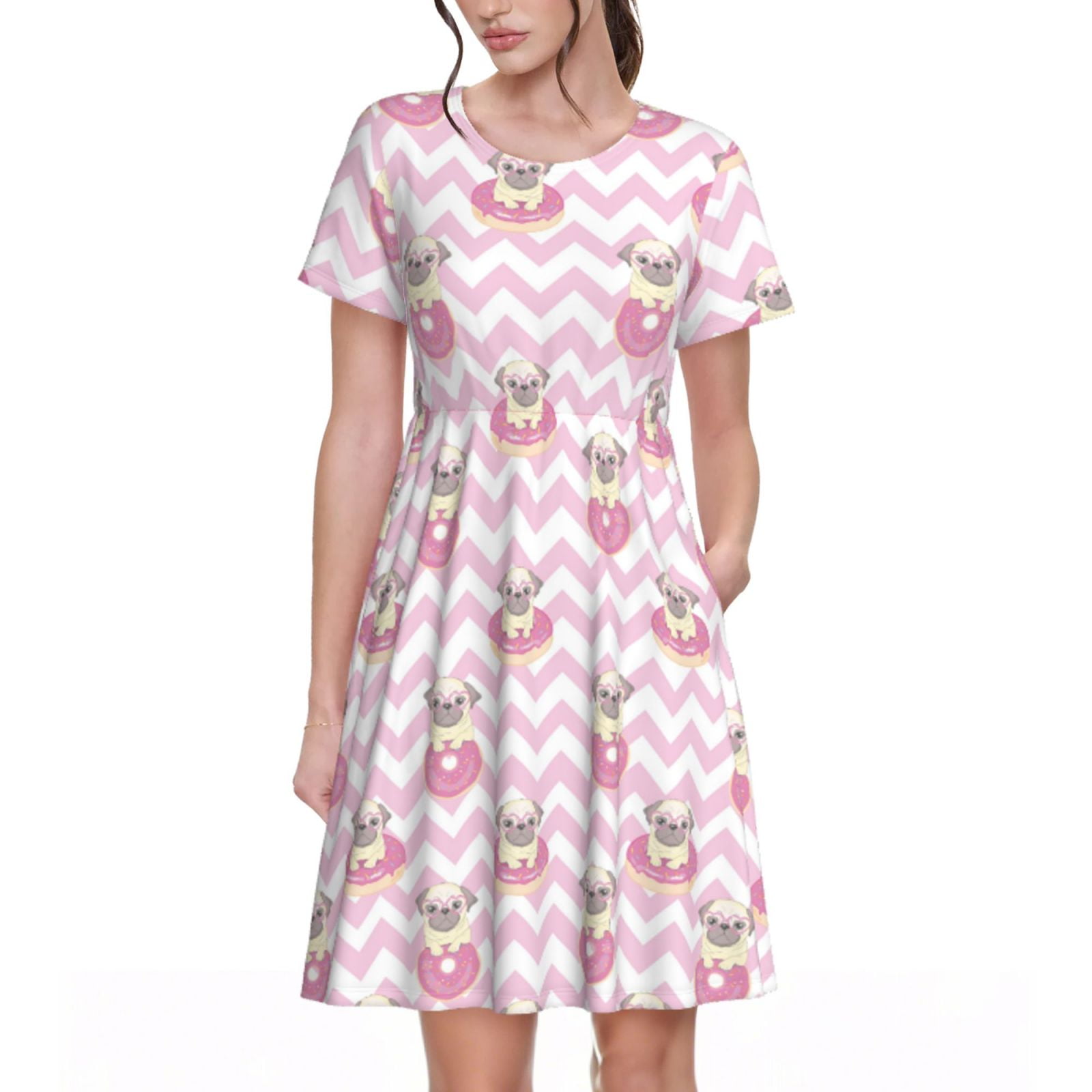 Balery Pug And Donut Pattern Womens Dresses Loose Short sleeve ...