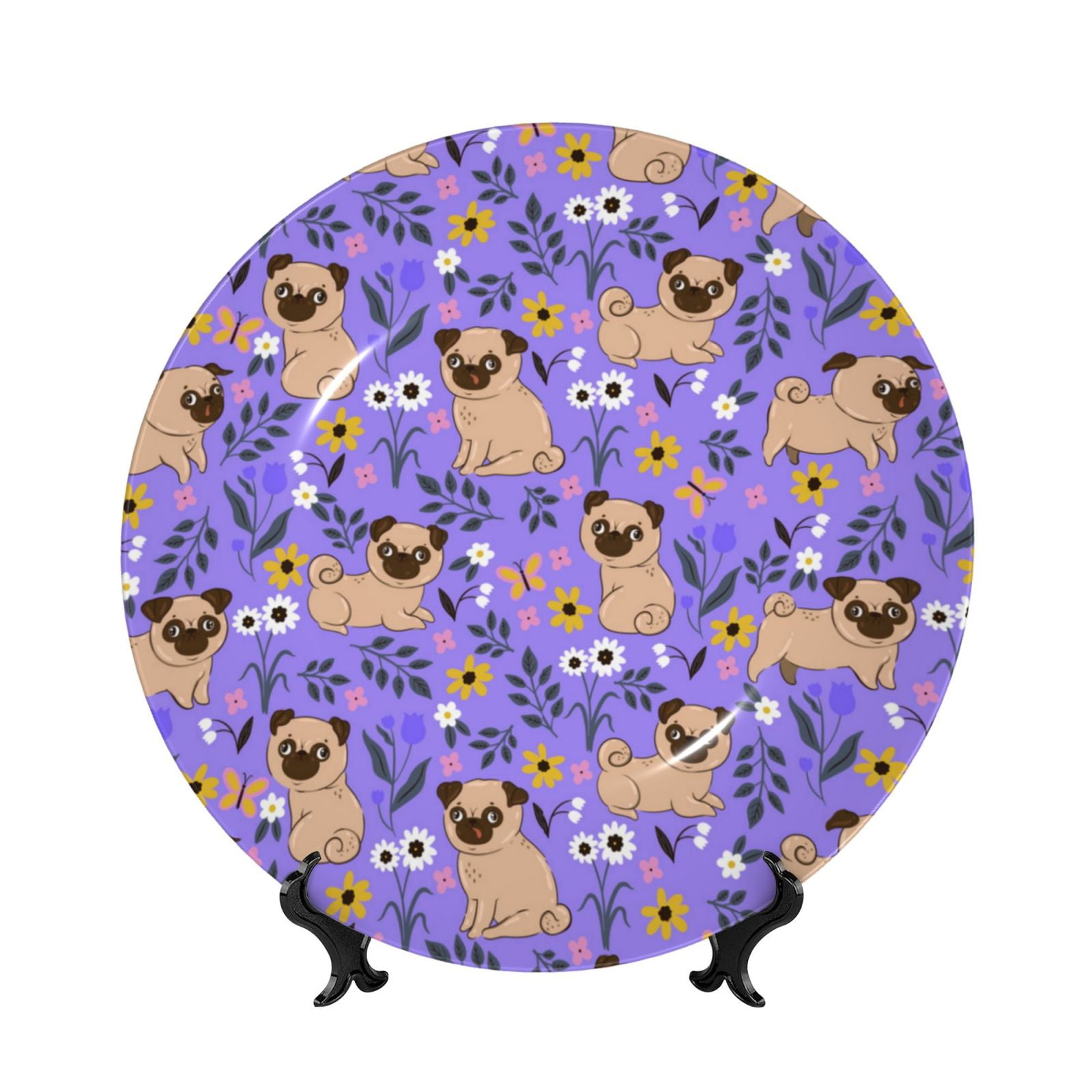 Balery Pugs and Flowers Print Bone China Decorative Plate Ceramic ...