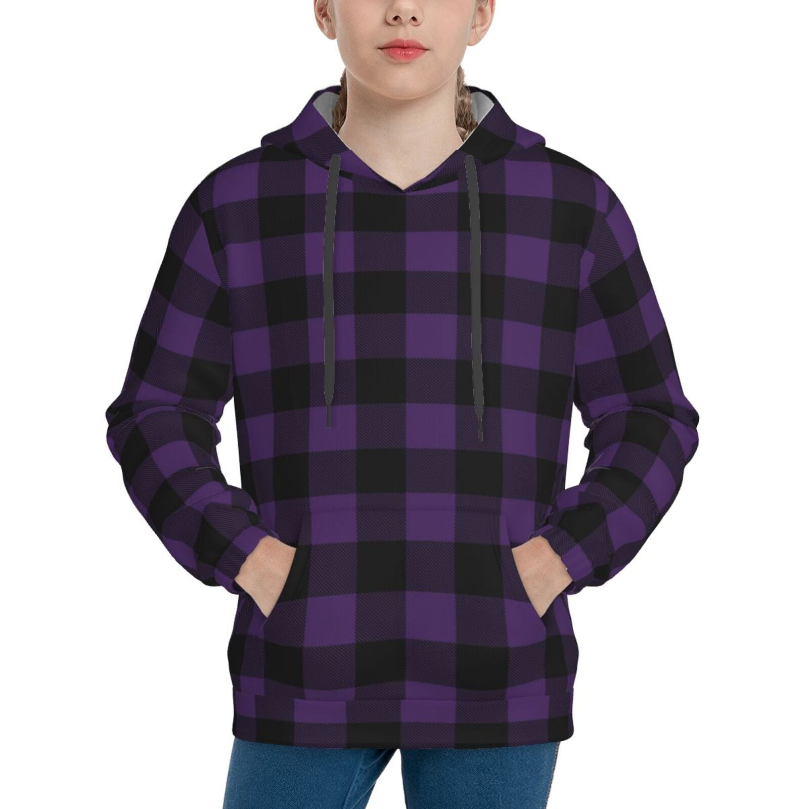 Balery Purple Black Plaid Pattern Boys Hoodie, Youth Pullover Hooded ...