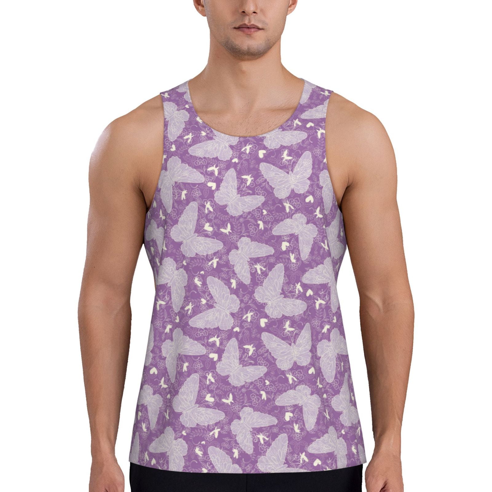 Balery Purple Butterflies Floral Pattern Men's Workout Tank Top Gym ...