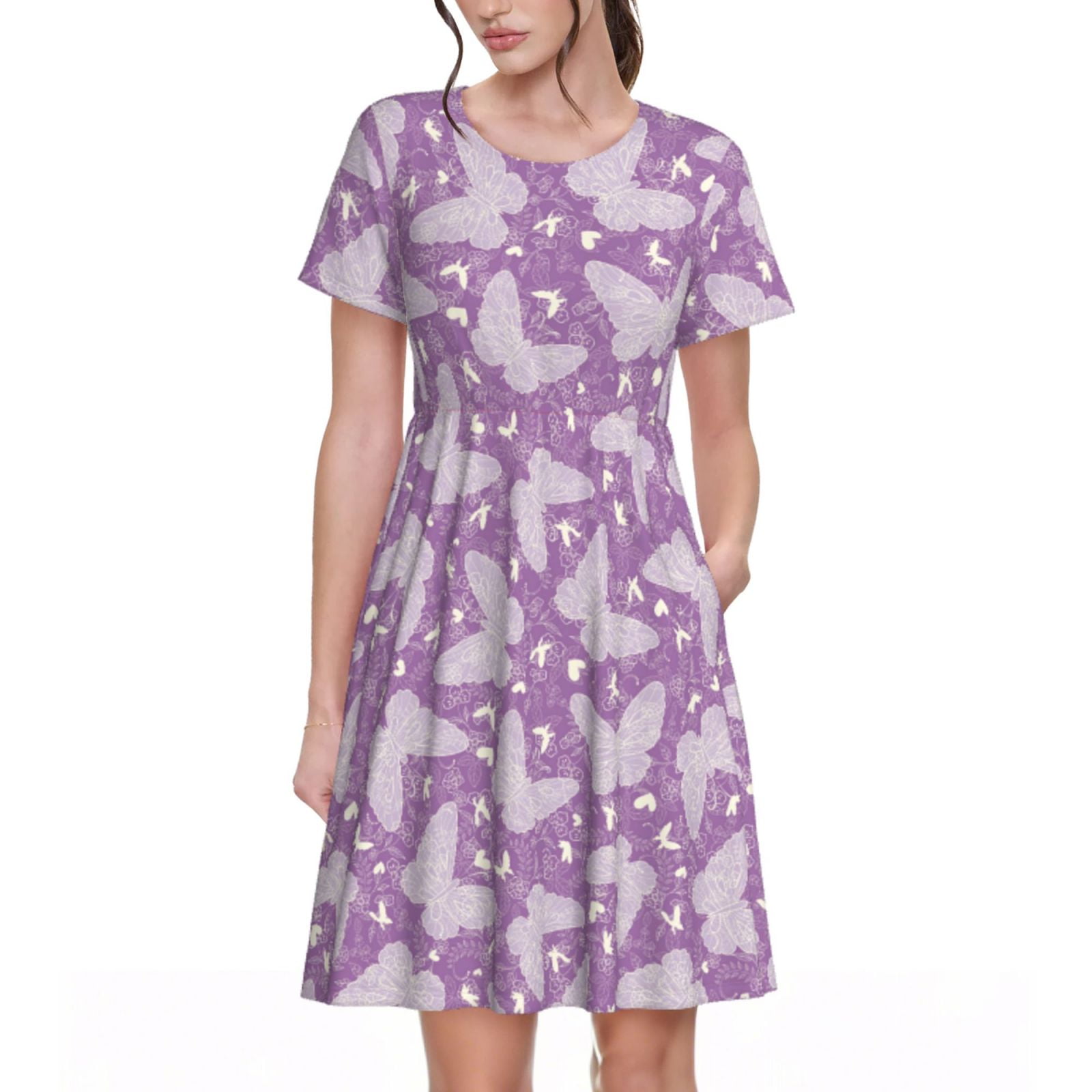 Balery Purple Butterflies Floral Pattern Womens Dresses Loose Short sleeve Sundresses Swimsuit ...
