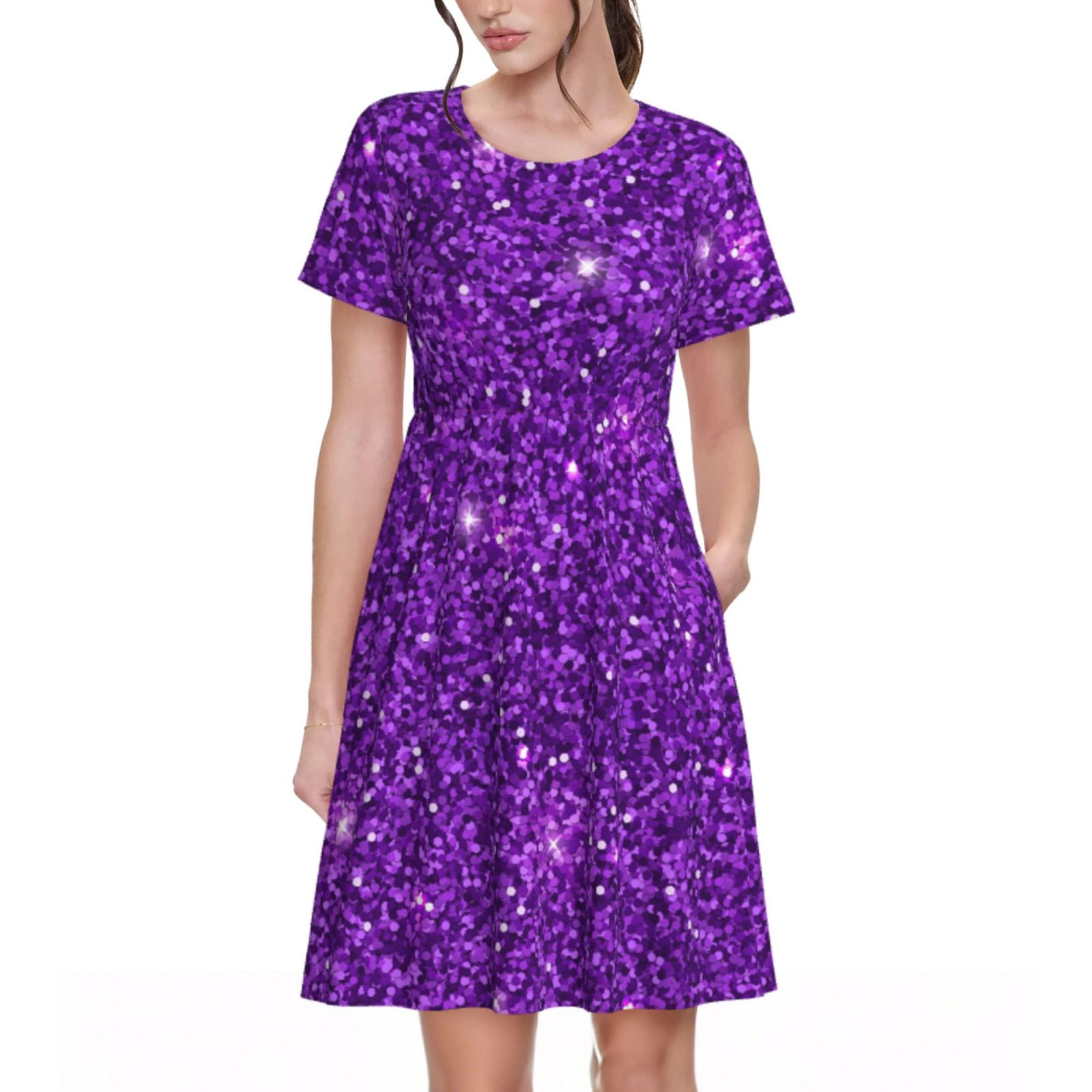 Balery Purple Glitter Pattern Womens Dresses Loose Short sleeve ...