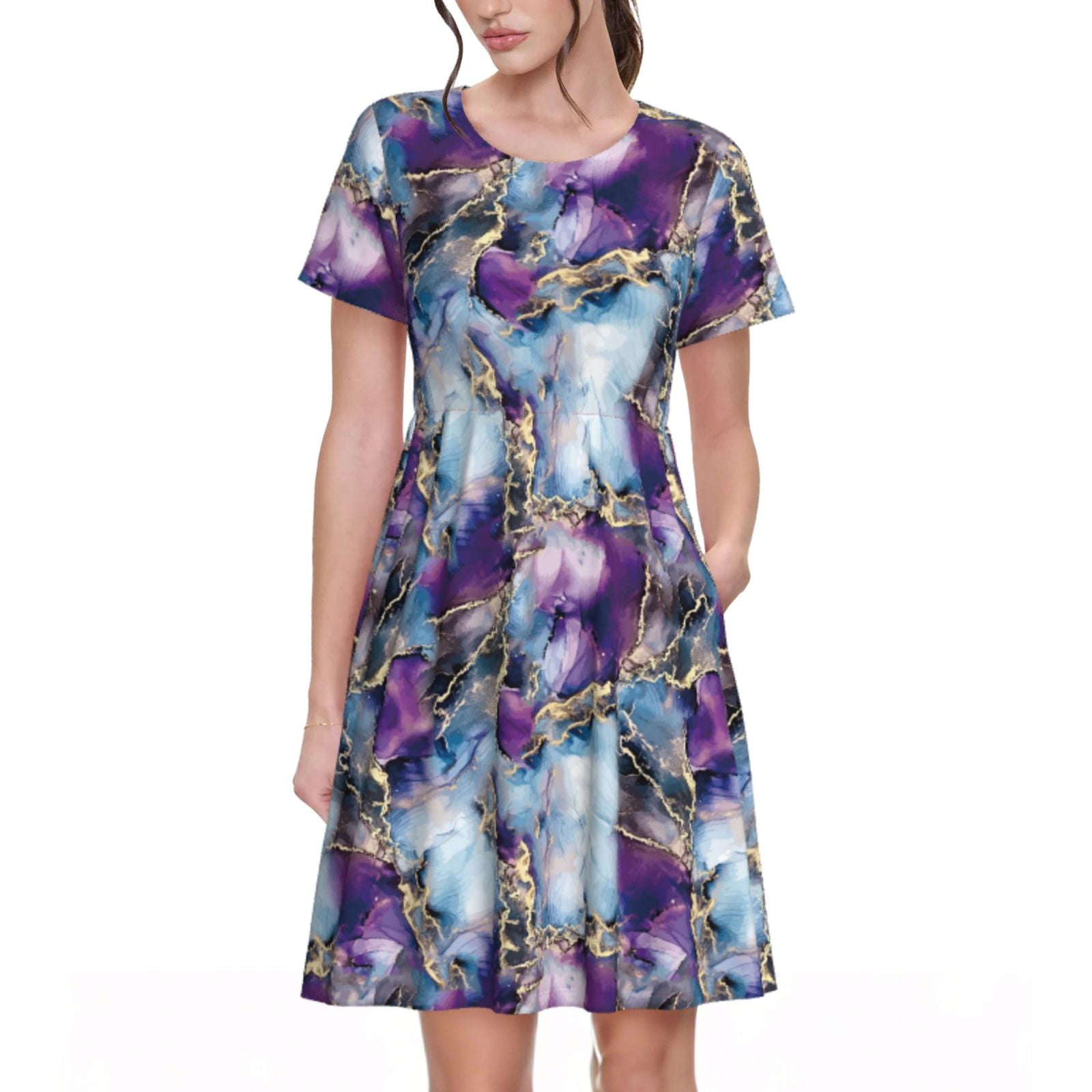 Balery Purple Marble Texture Pattern Womens Dresses Loose Short sleeve ...