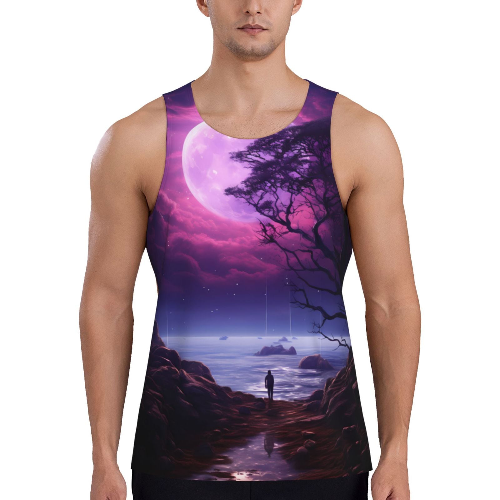 Balery Purple Moon Tree Night Sky Pattern Men's Workout Tank Top Gym ...