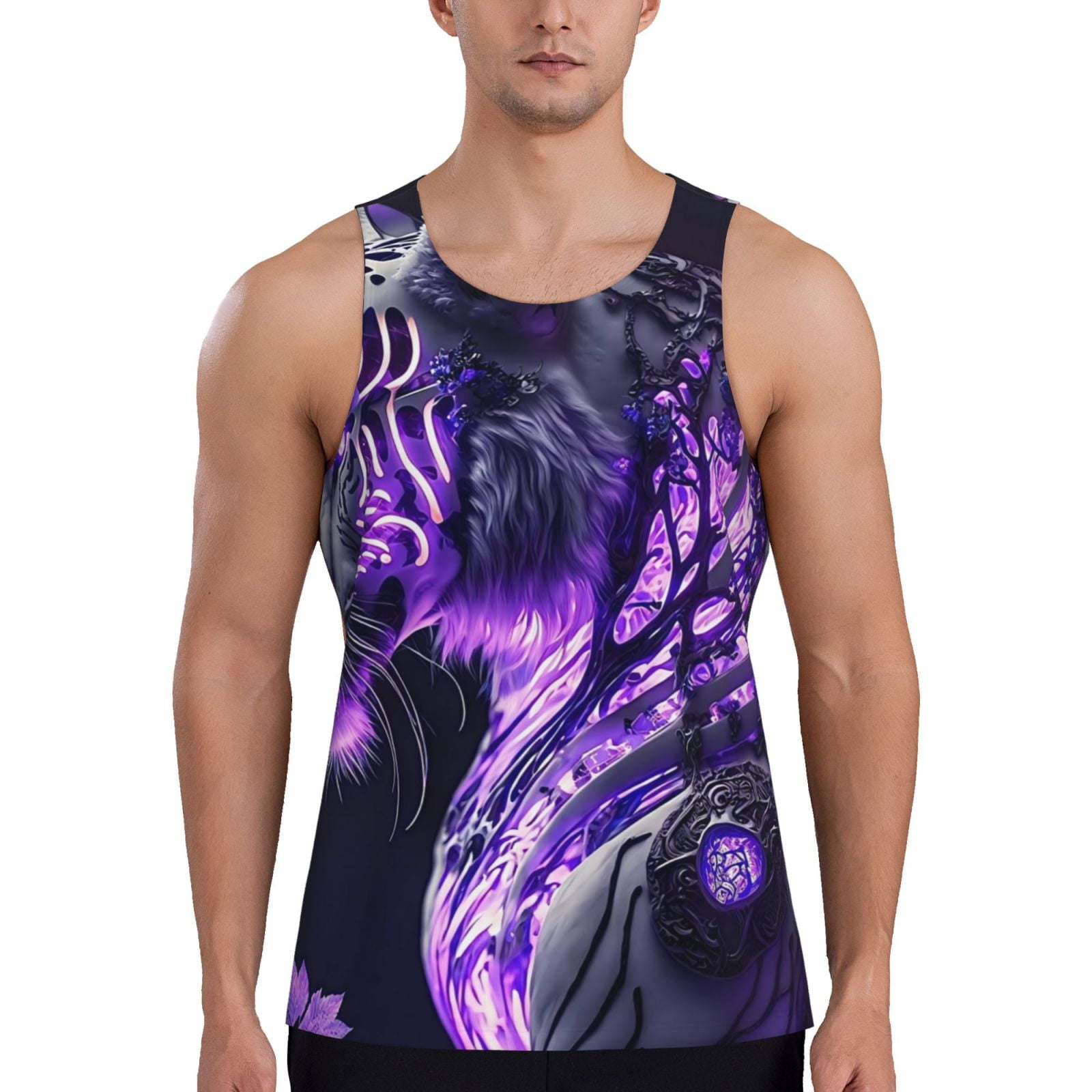 Balery Purple Pattern White Tiger Pattern Men's Workout Tank Top Gym ...