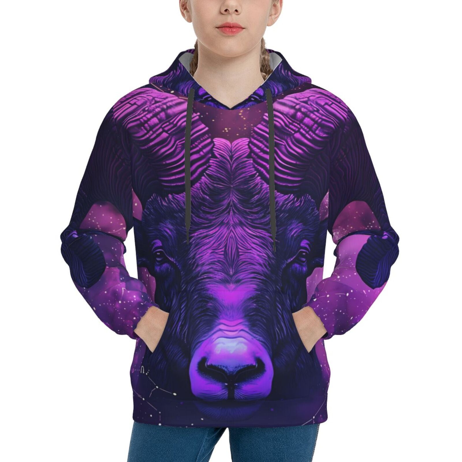 Balery Purple Starry Sky Antelope Pattern Boys Hoodie, Youth Pullover ...