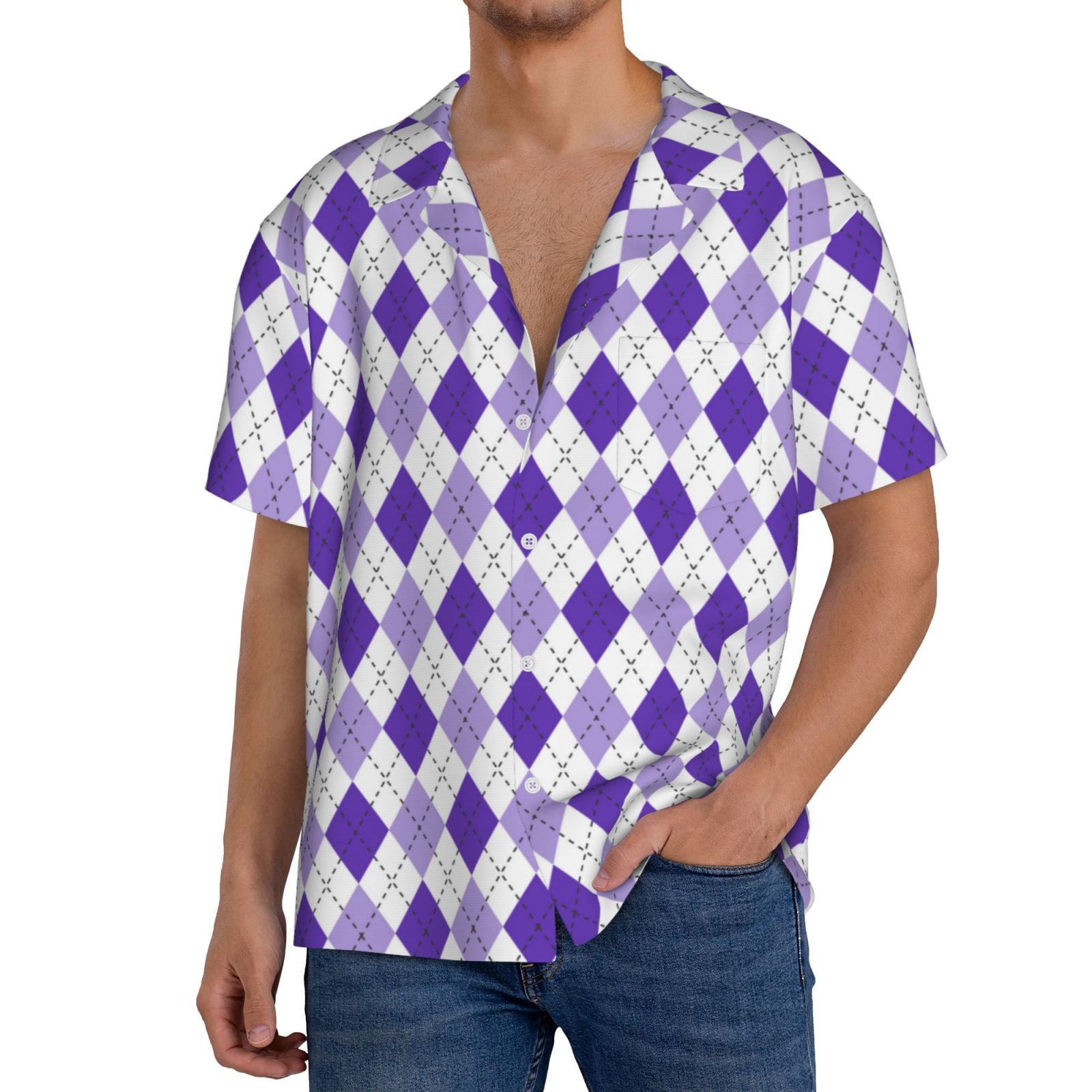 Balery Purple argyle Pattern Men's Casual Button Down Shirt Short Sleeve Textured Summer Cuban ...