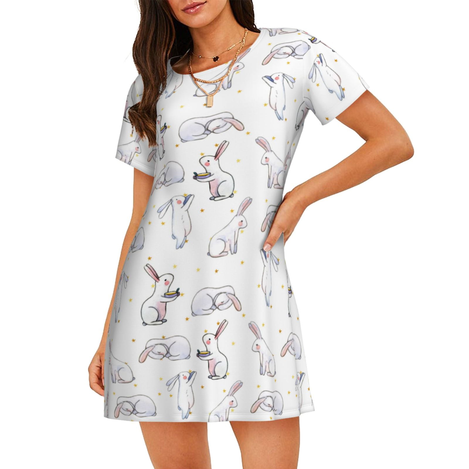 Balery Rabbit Eating Pattern Womens Short Sleeve Sleepshirt Scoopneck ...