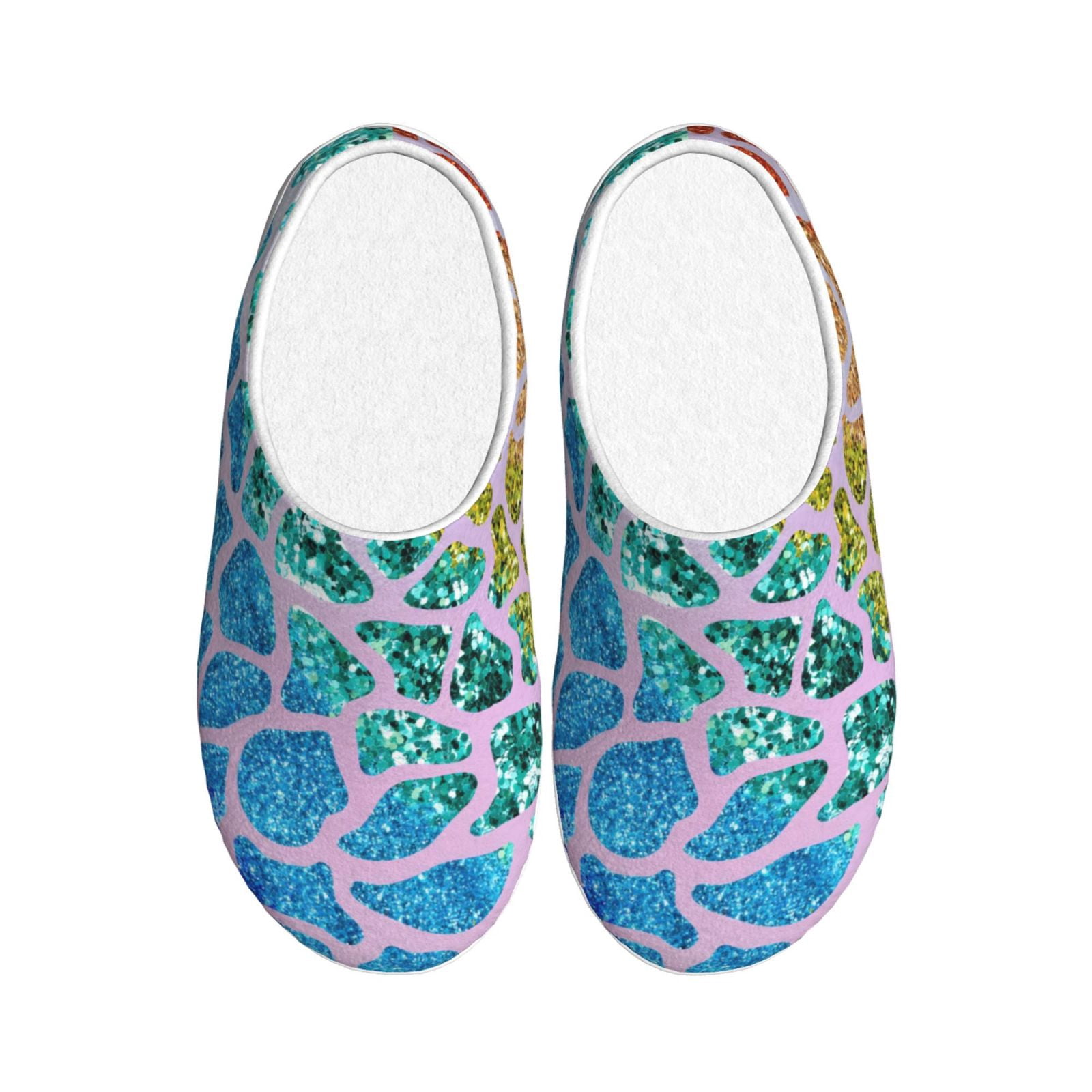 Balery Rainbow Glitter Pattern Women's Fuzzy Memory Foam Slippers ...