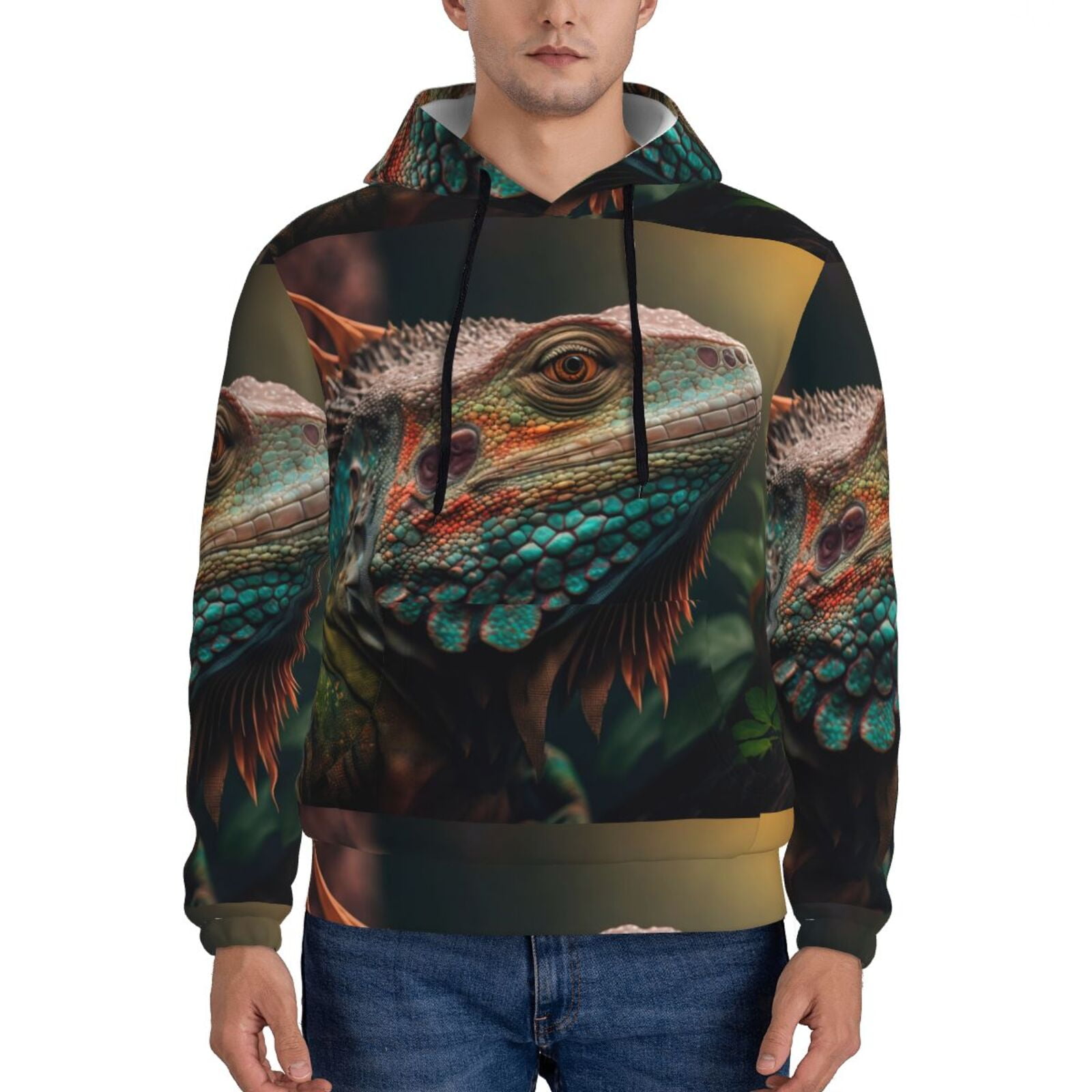 Balery Realistic Colorful Chameleon Pattern Mens Hoodie Kangaroo Pocket ...