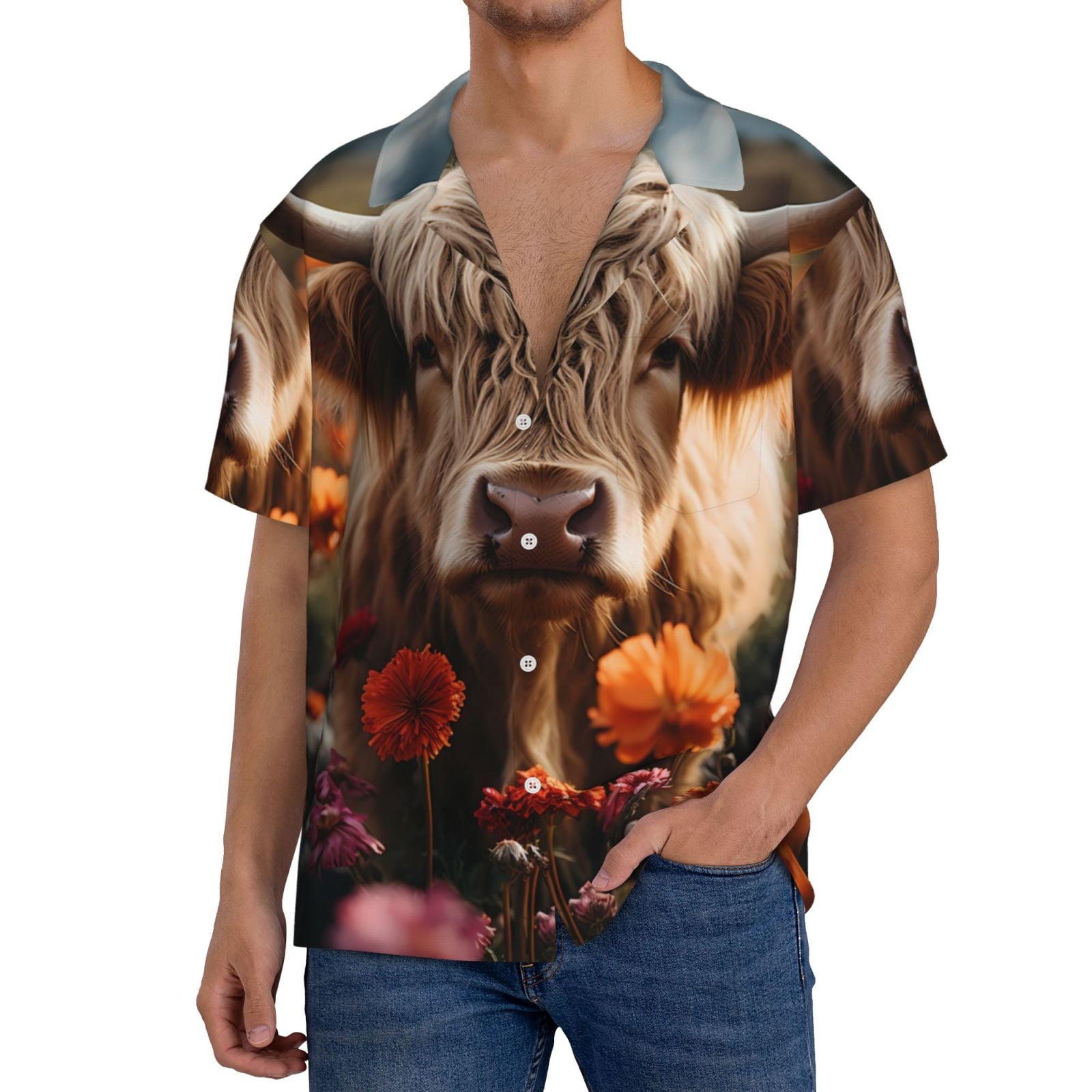 Balery Realistic Flower Cow Men's Casual Button Down Shirt Short Sleeve ...