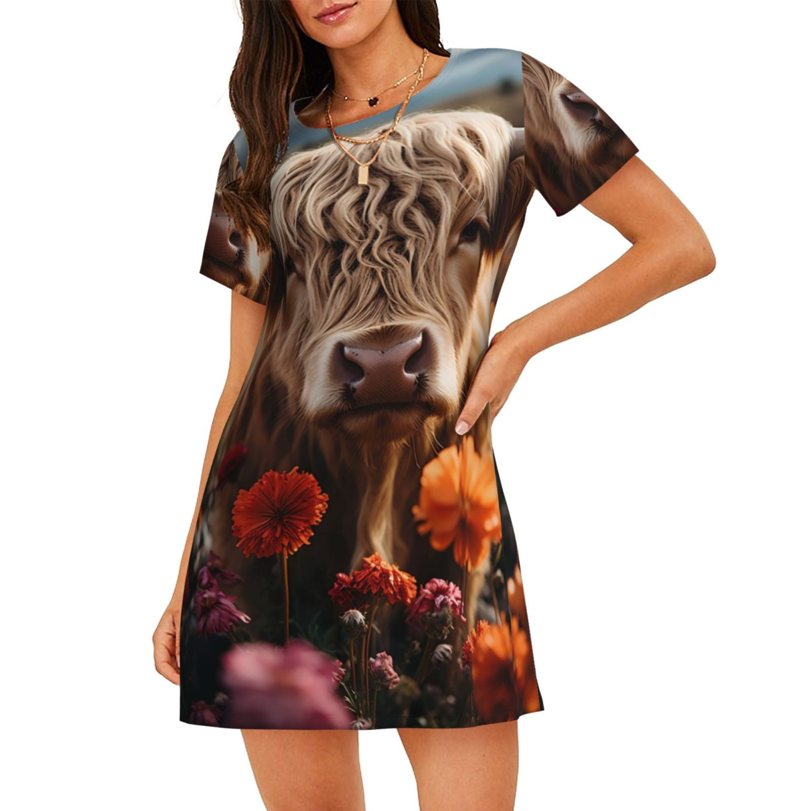 Balery Realistic Flower Cow Pattern Womens Short Sleeve Sleepshirt ...