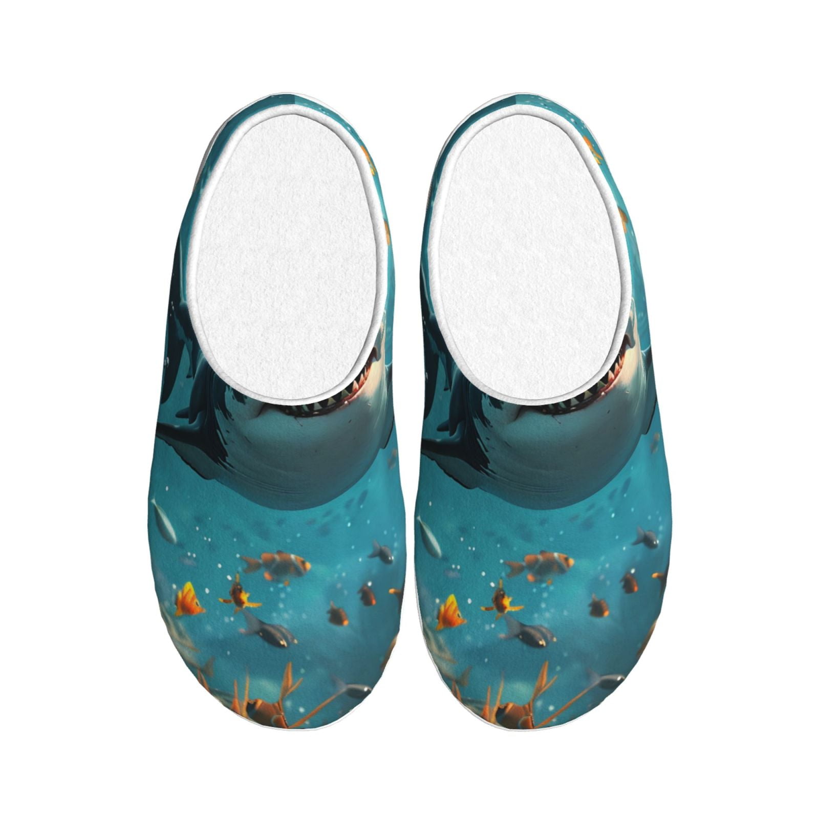 Balery Realistic Ocean Shark Pattern Women's Fuzzy Memory Foam Slippers ...