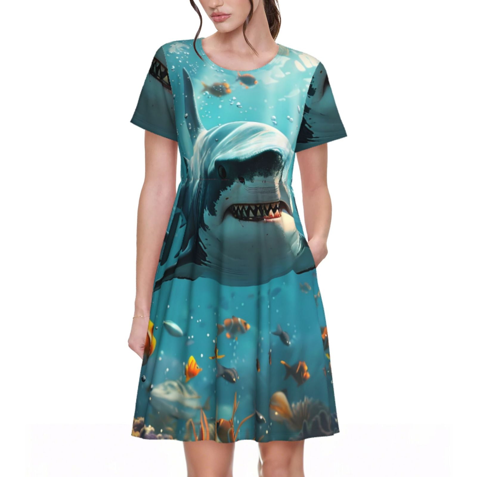 Balery Realistic Ocean Shark Pattern Womens Dresses Loose Short sleeve ...