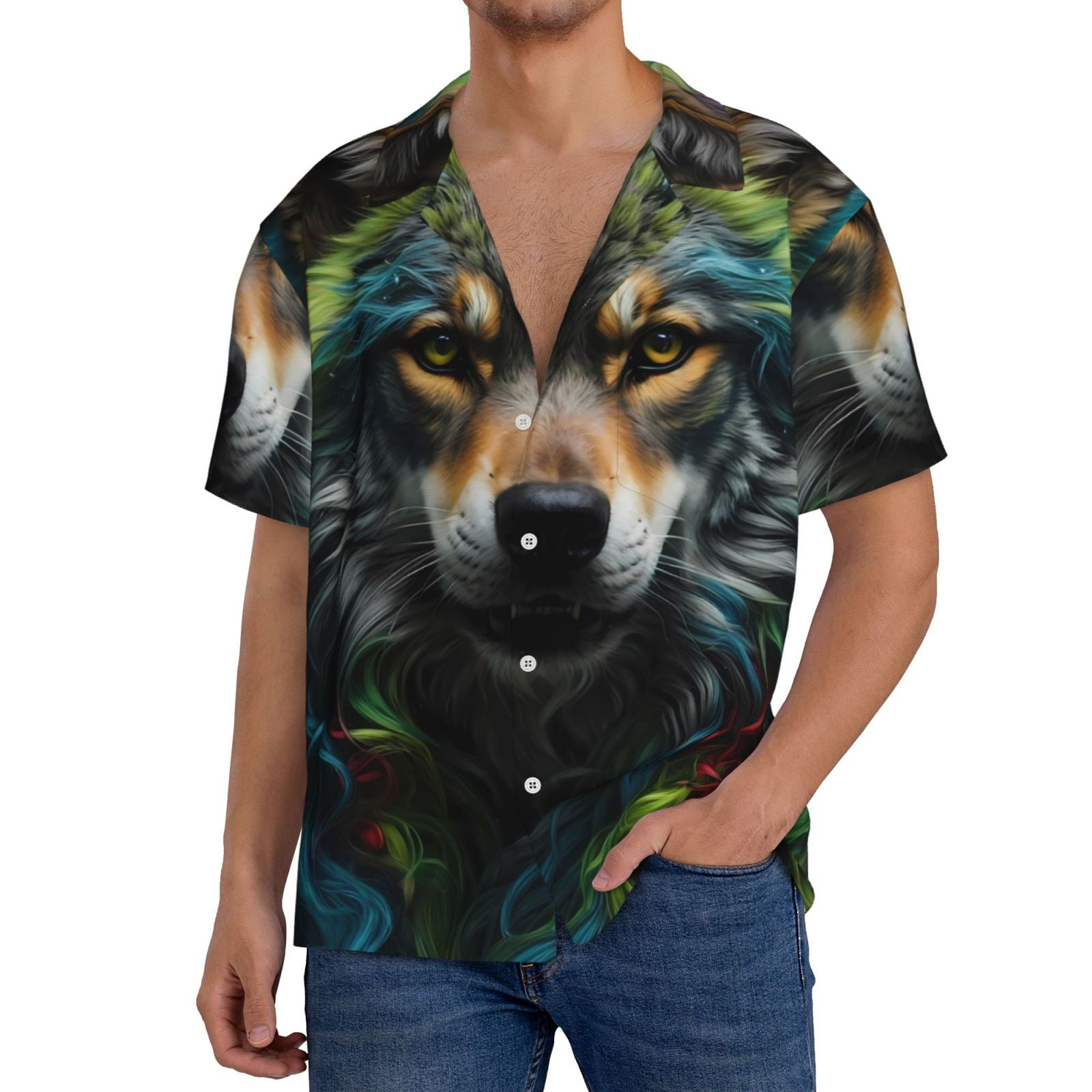 Balery Realistic Style Colorful Wolf Men's Casual Button Down Shirt ...