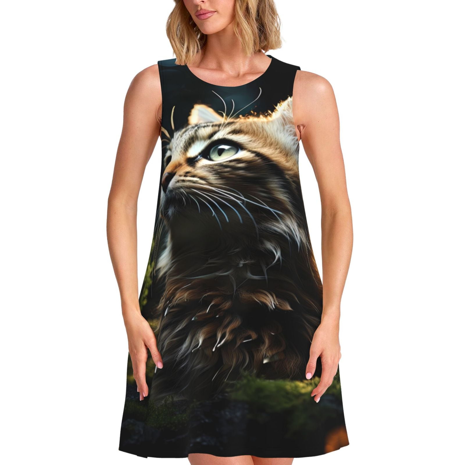 Balery Realistic Style Cute Cat Pattern Women’s Summer Dresses – Loose ...