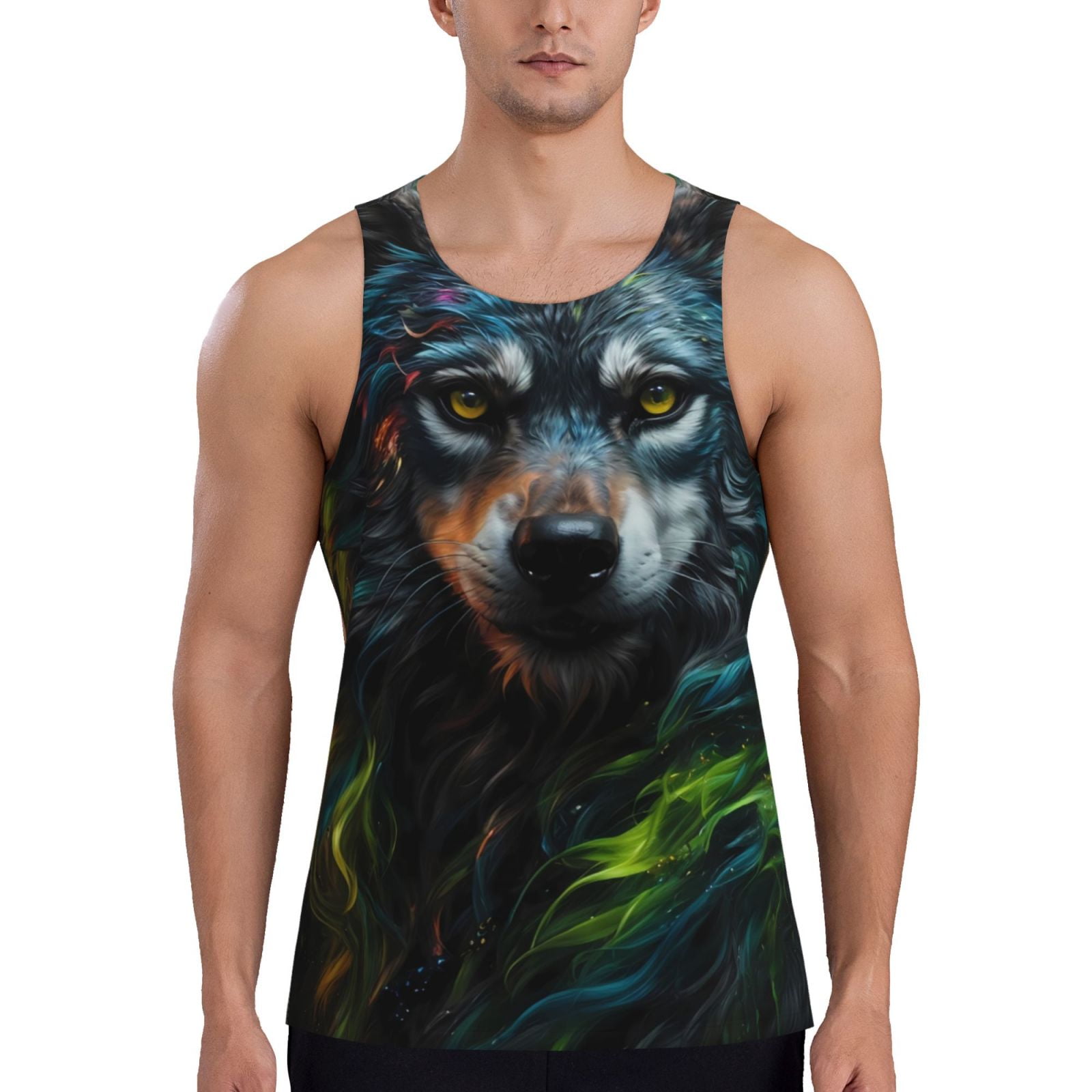 Balery Realistic Style Green Fur Wolf Pattern Men's Workout Tank Top ...